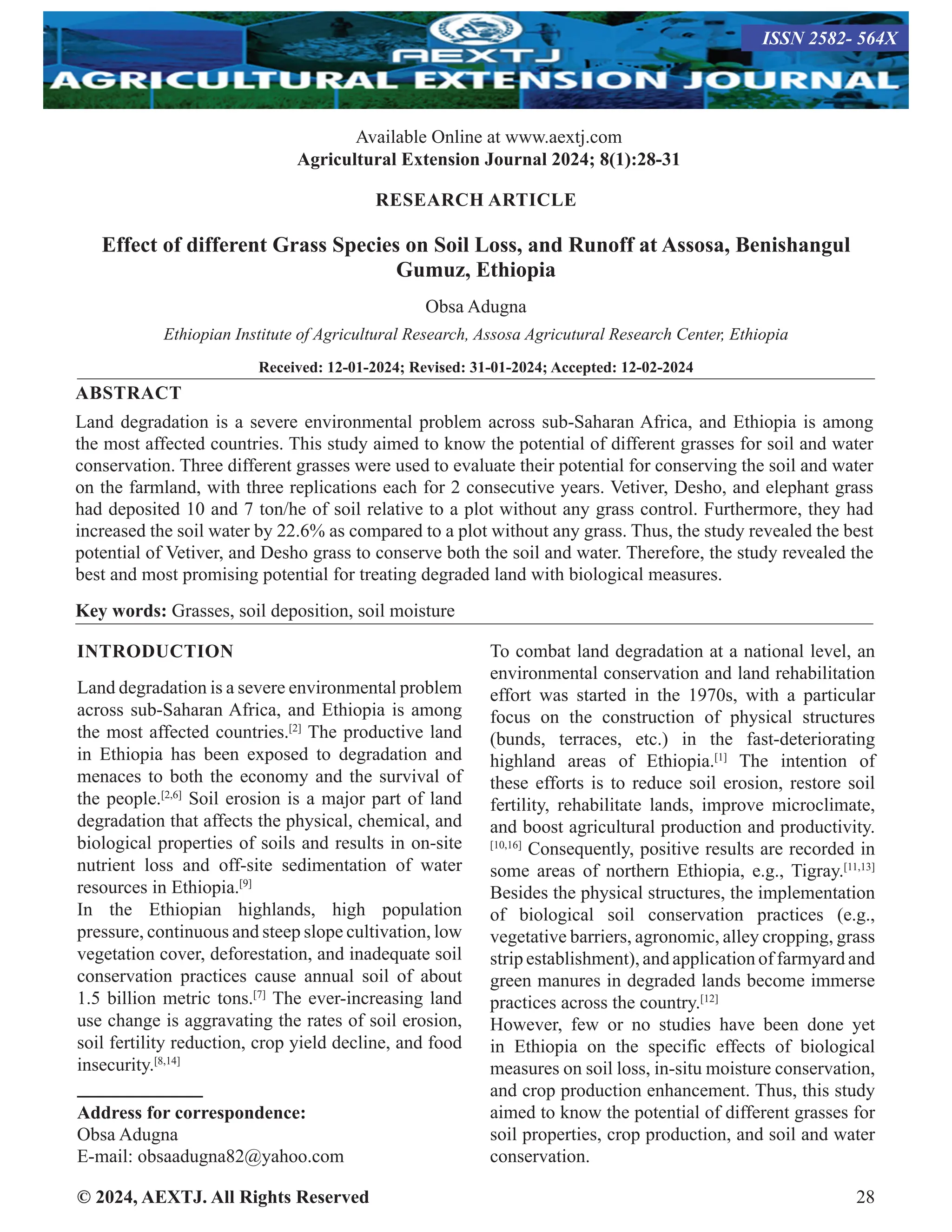 Effect of different Grass Species on Soil Loss, and Runoff at Assosa ...