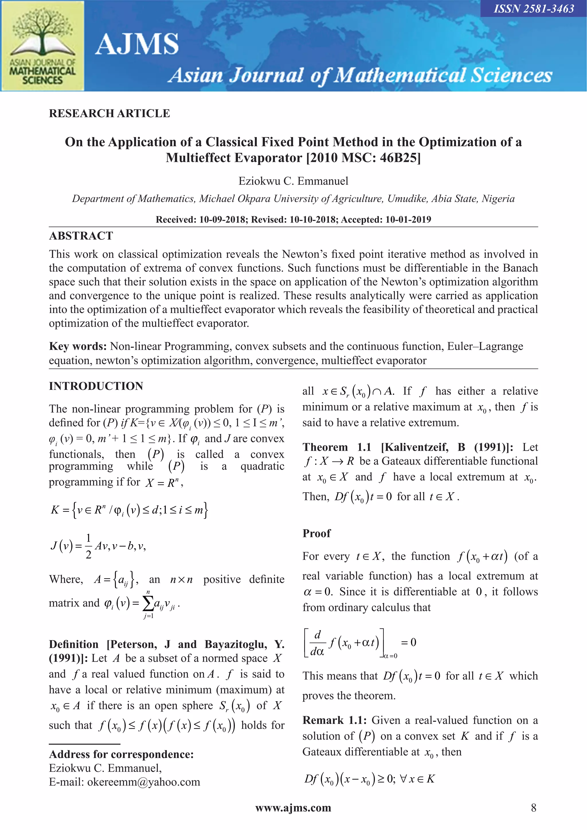 On The Application Of A Classical Fixed Point Method In The Optimization Of A Multieffect