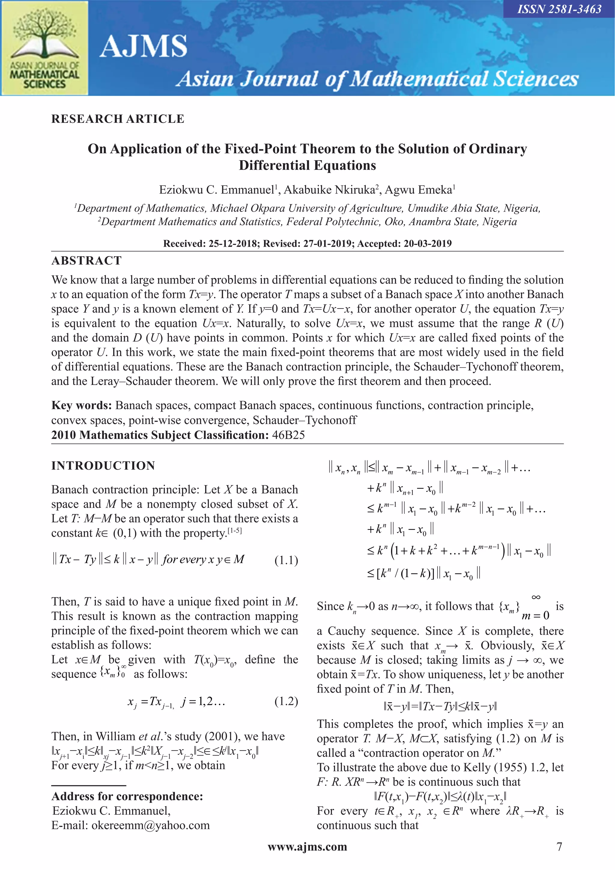 On Application Of The Fixed Point Theorem To The Solution Of Ordinary Differential Equations Pdf