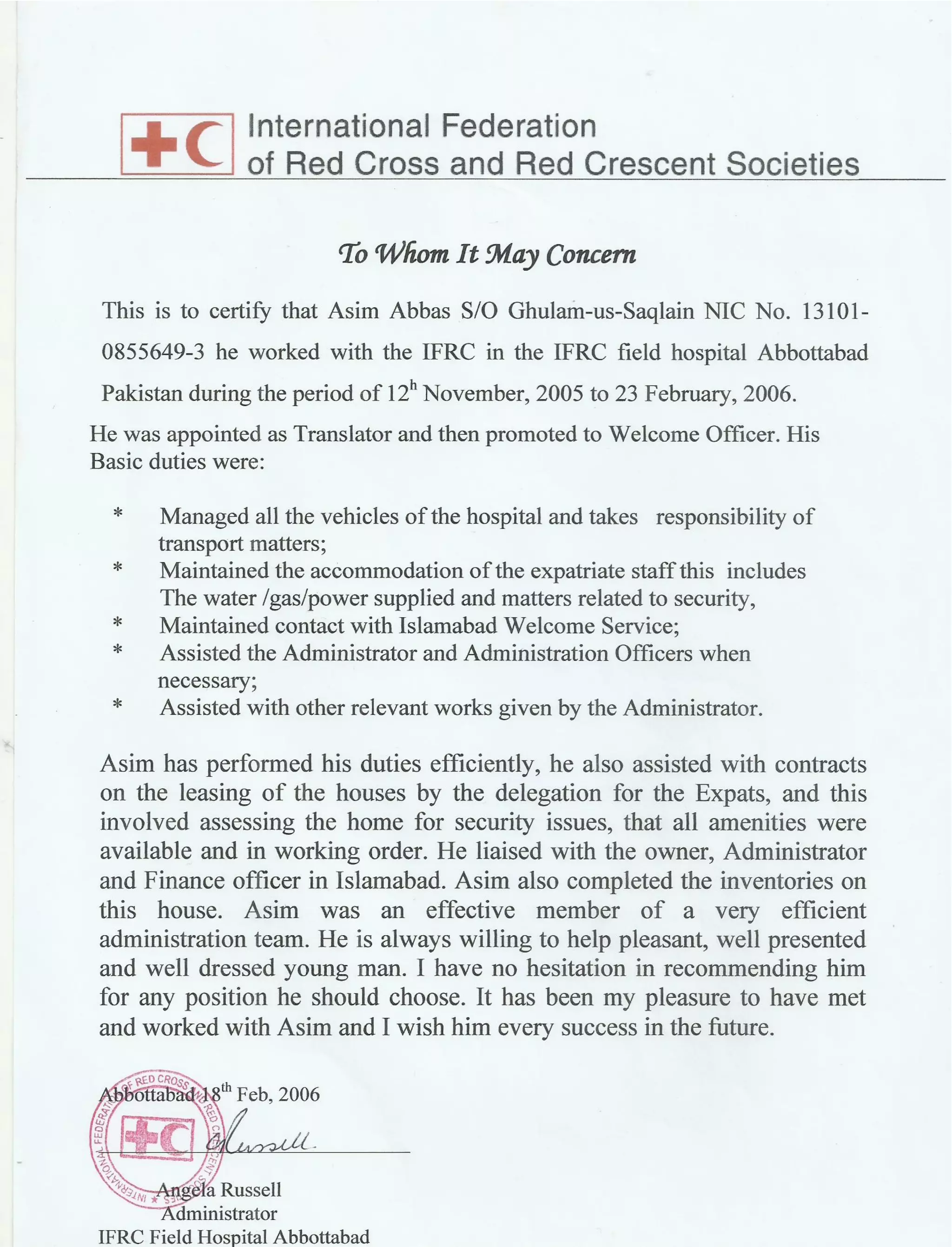IFRC field Hospital experience Certificate | PDF