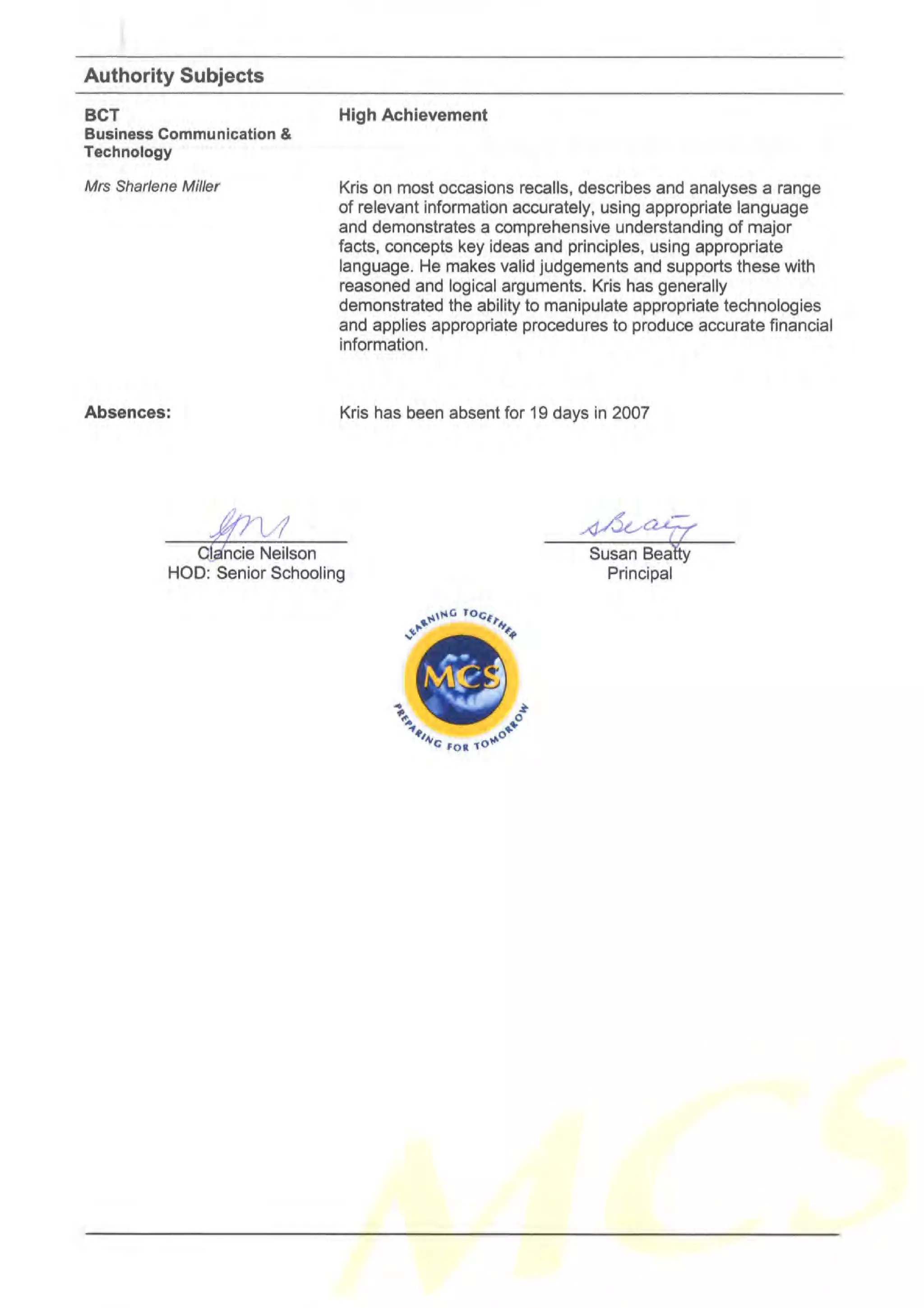 Year 12 Exit Statement | PDF