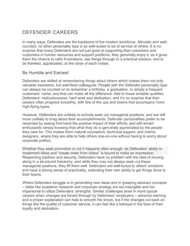 16P Personality DEFENDER CAREERS | PDF