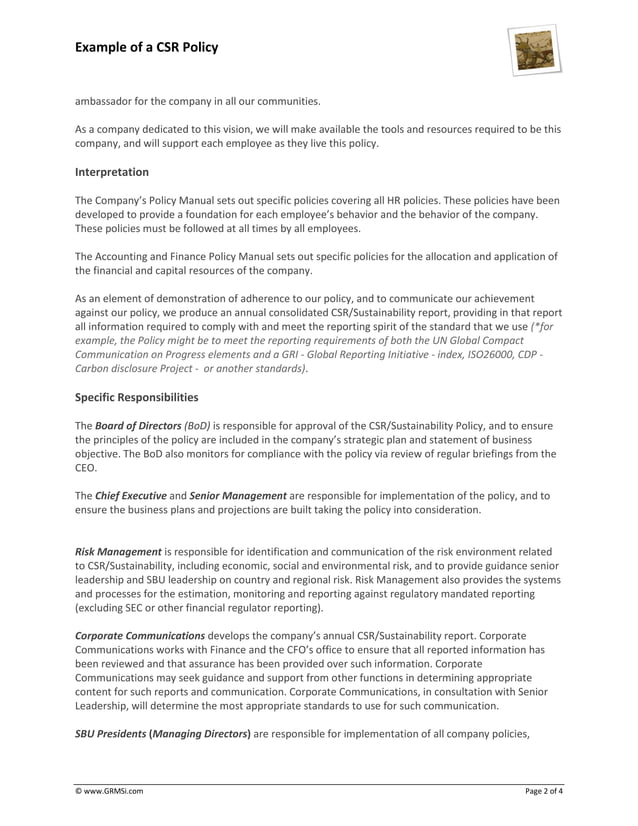 GRMSi - CSR Policy Example | PDF