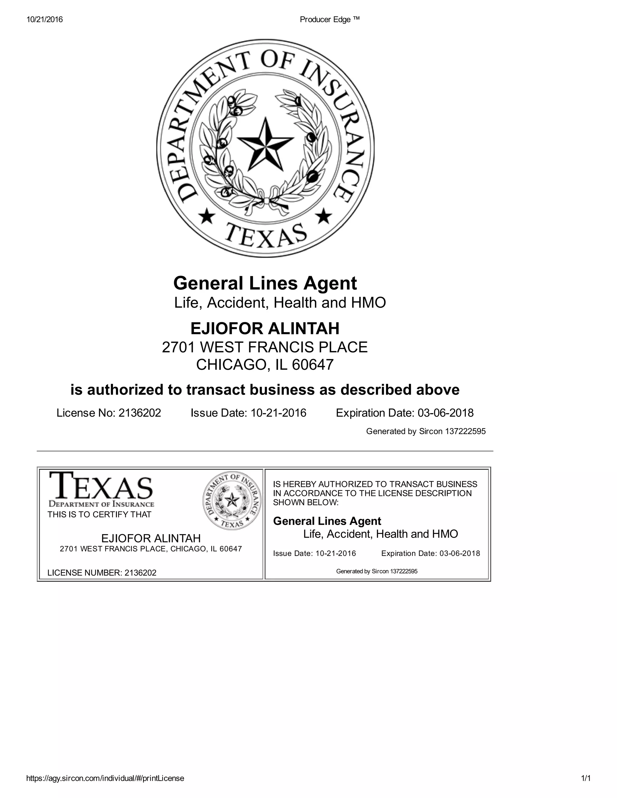 Ejiofor Alintah's Texas Non-Resident Producer Insurance License | PDF