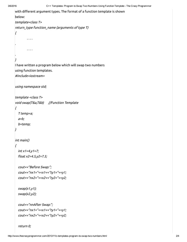 C Templates Program To Swap Two Numbers Using Function Template The Crazy Programmer Pdf 
