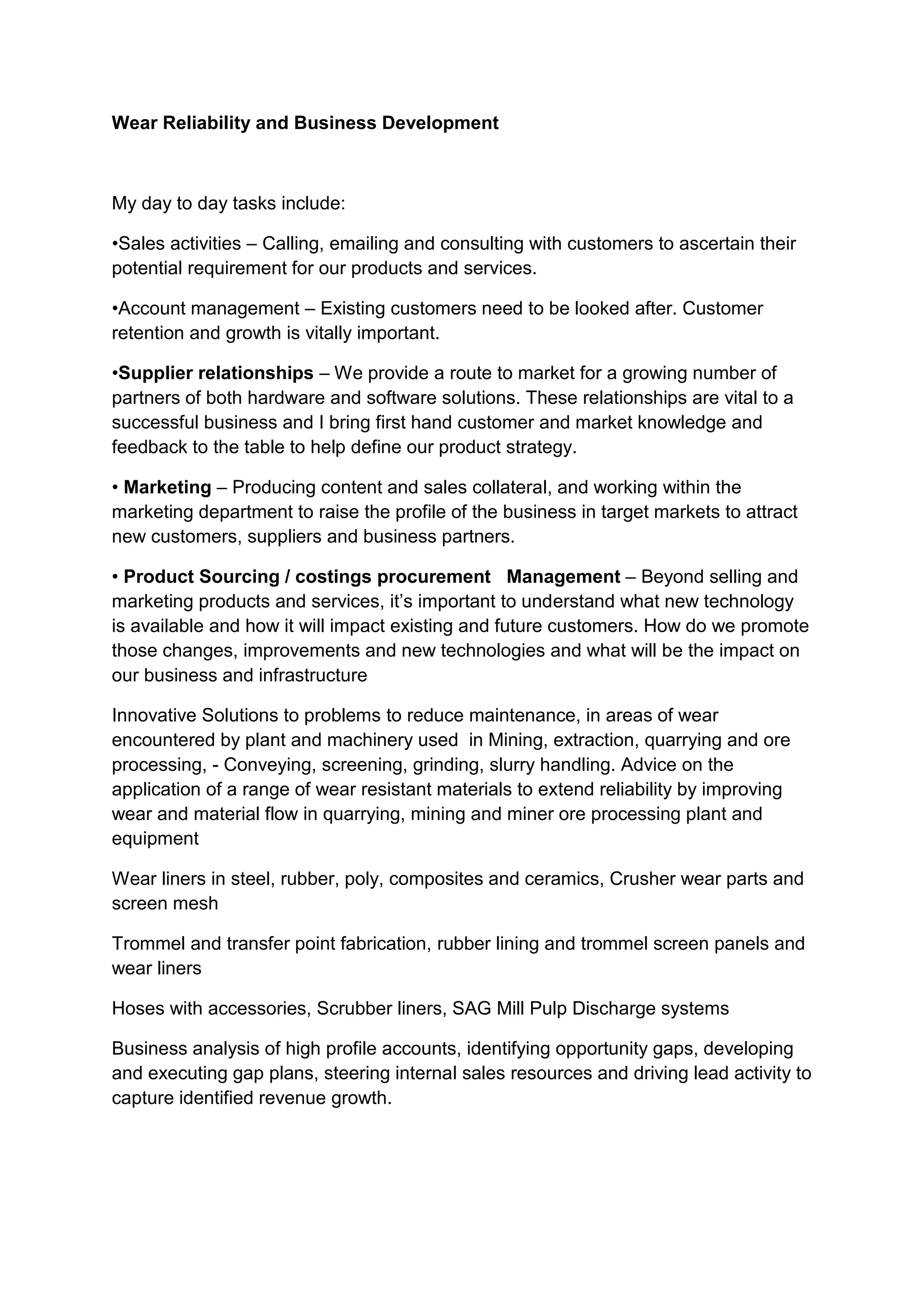 Wear Reliability and Business Development role | PDF