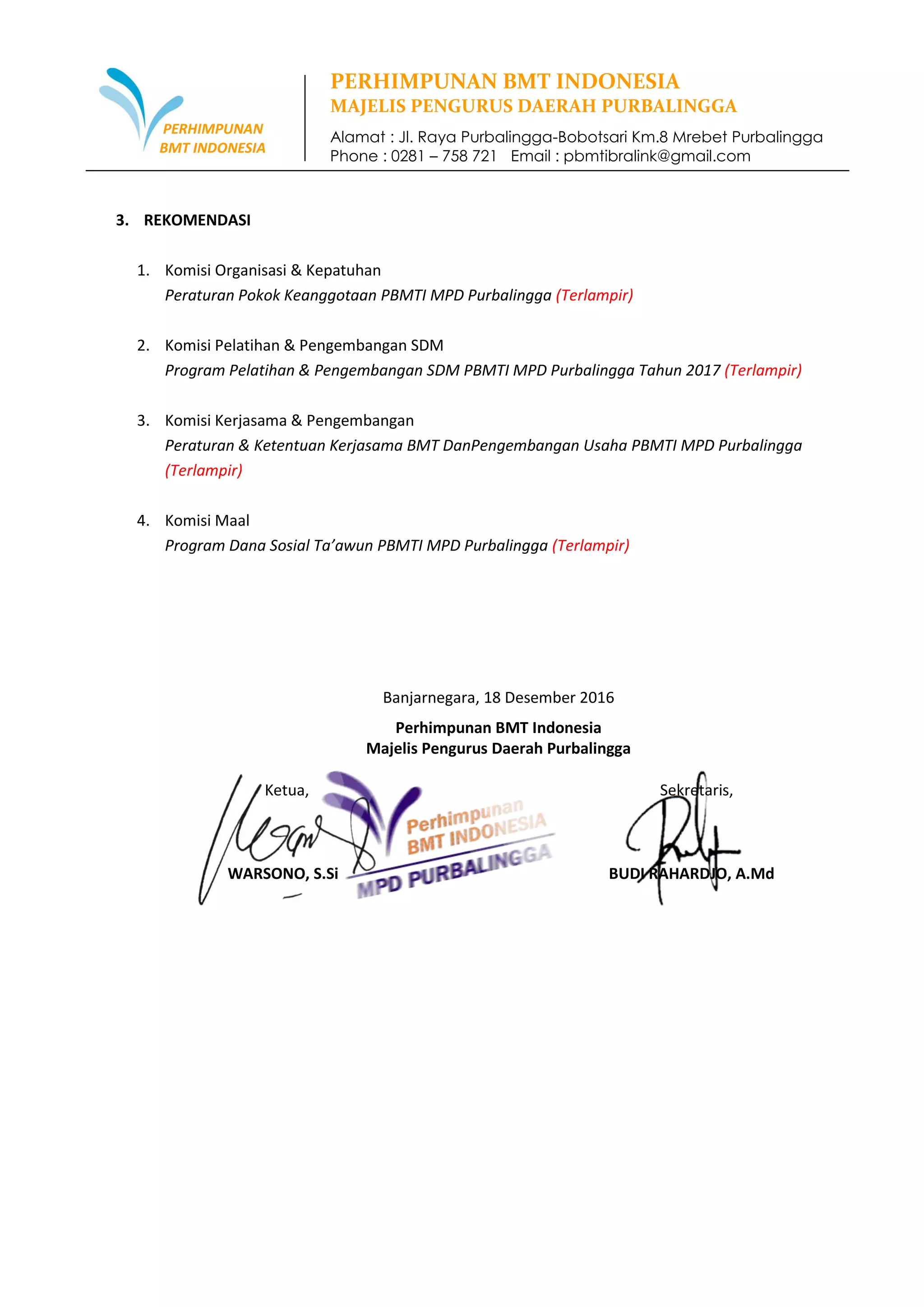 Laporan hasil rakerda pbmti mpd purbalingga 2016 | PDF