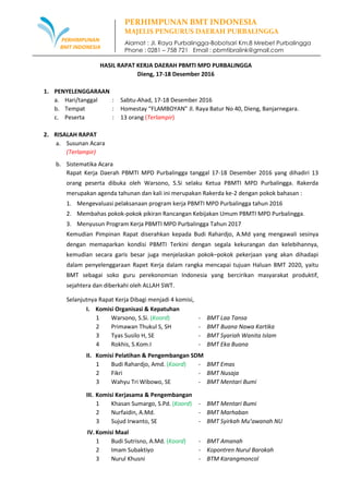 Laporan hasil rakerda pbmti mpd purbalingga 2016 | PDF