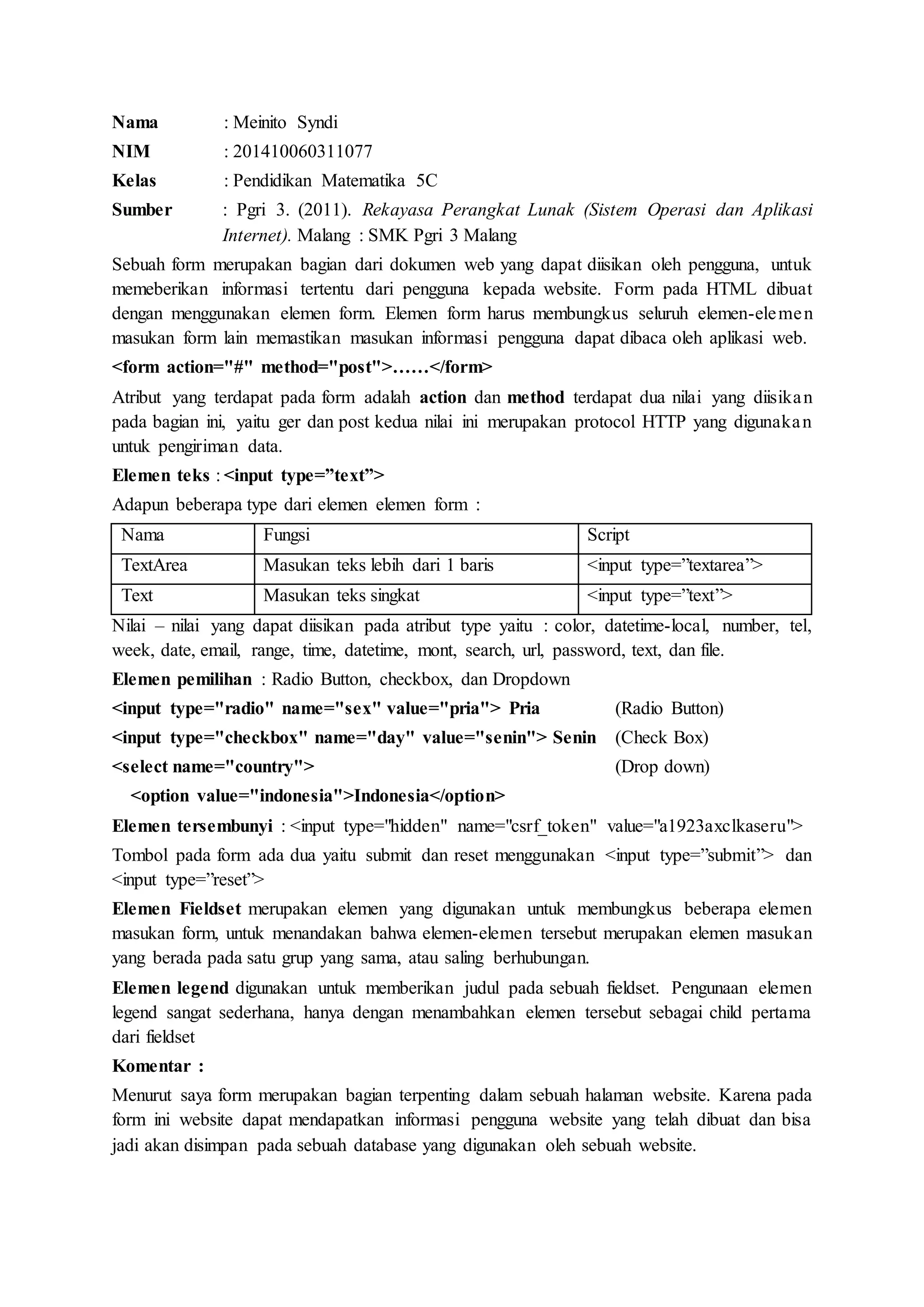 Html Tingkat Lanjut dan Aplikasi pada Form | DOCX
