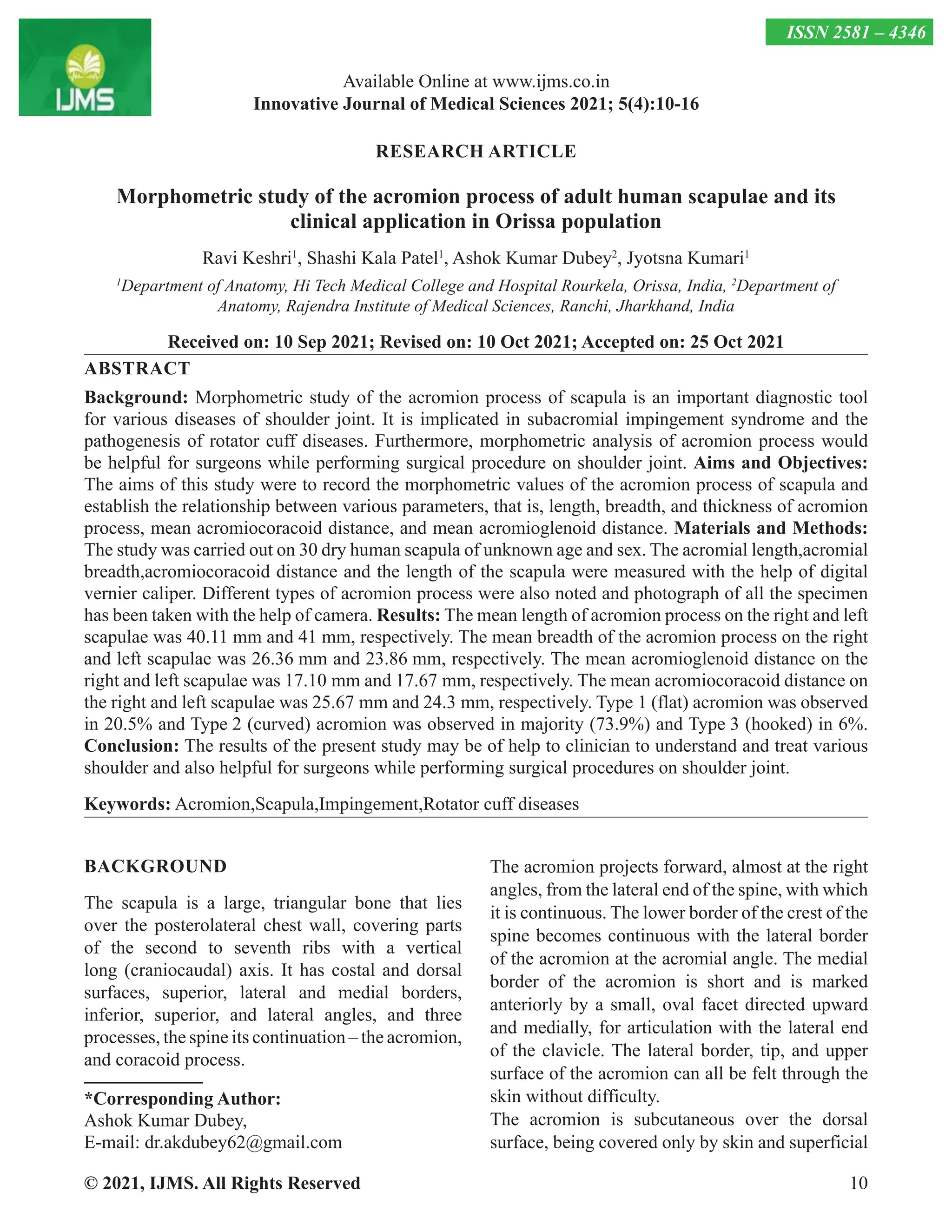 Morphometric study of the acromion process of adult human scapulae and ...