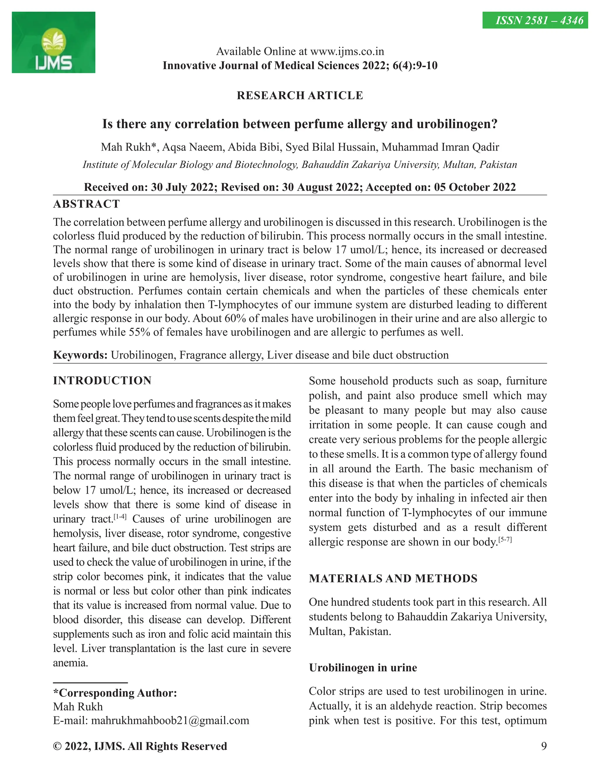Is there any correlation between perfume allergy and urobilinogen? | PDF