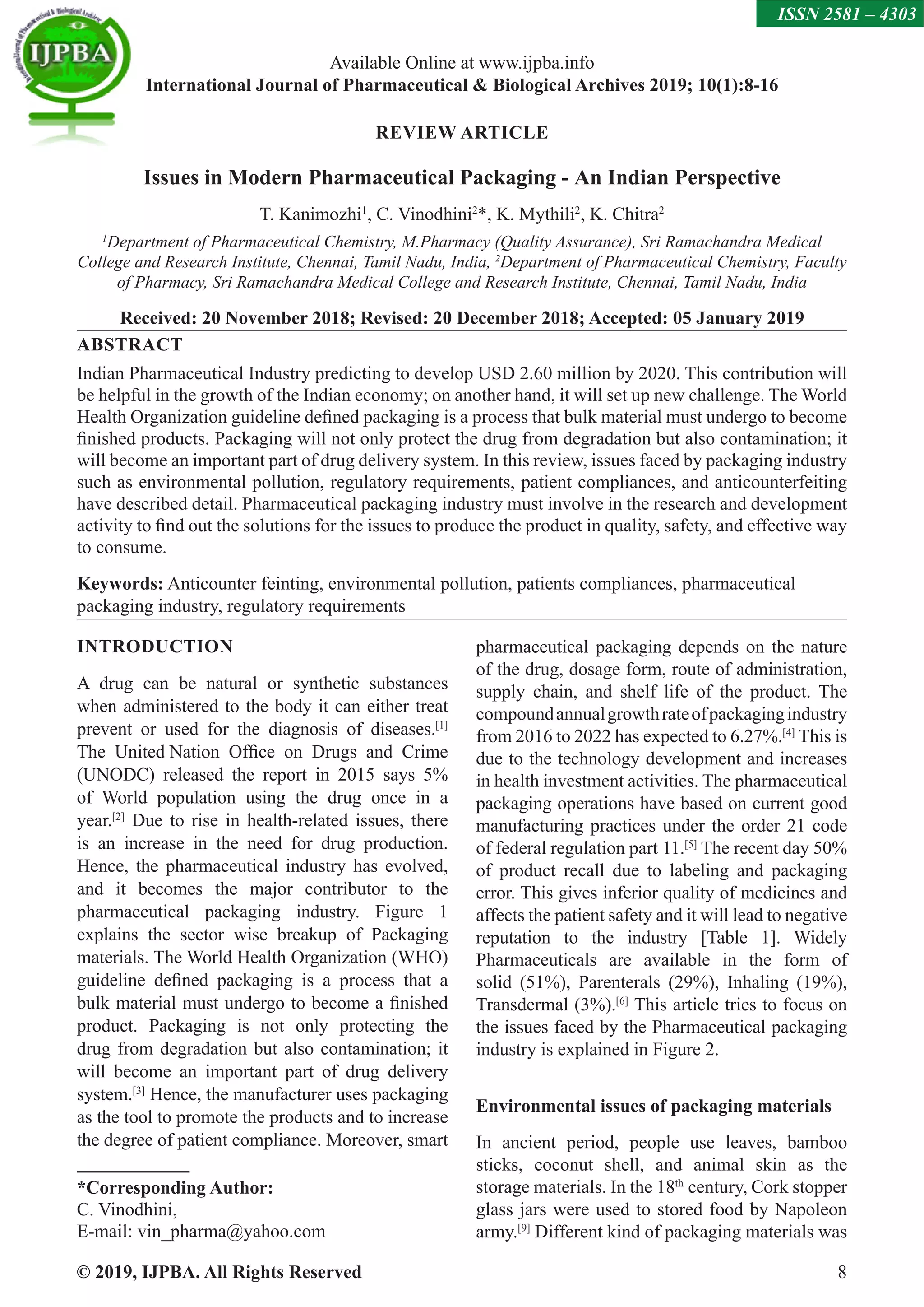 Issues in Modern Pharmaceutical Packaging - An Indian Perspective | PDF