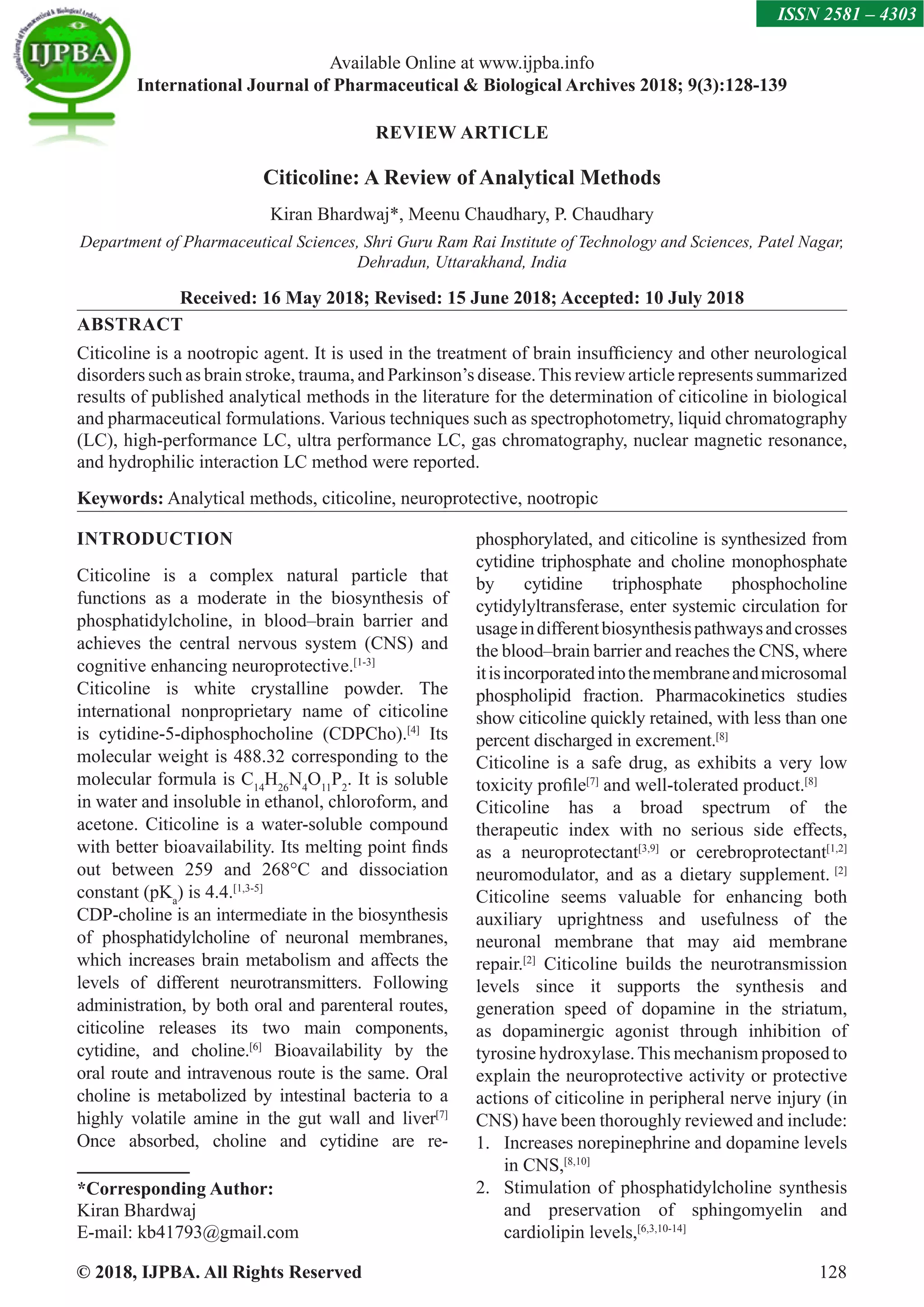 Citicoline: A Review of Analytical Methods | PDF