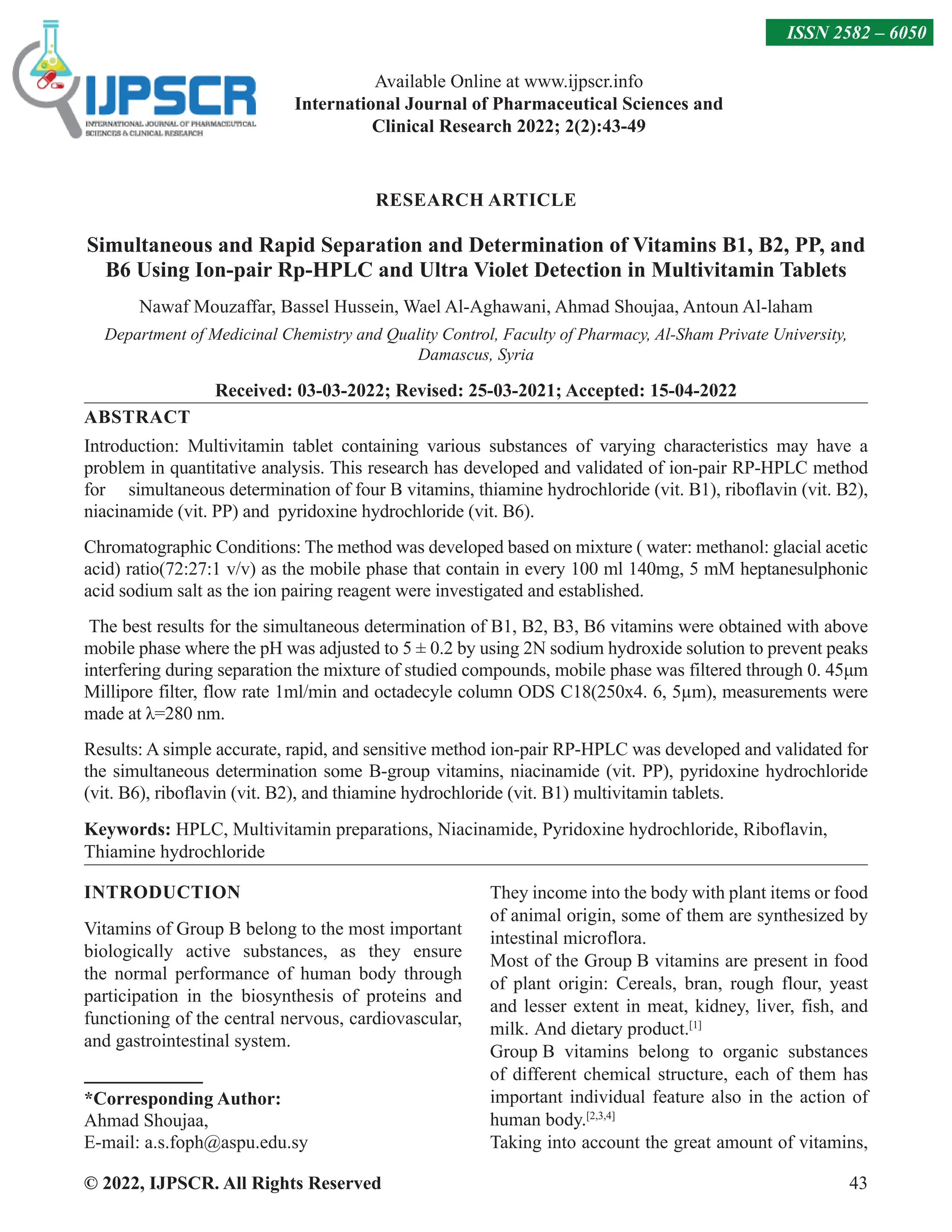 Simultaneous and Rapid Separation and Determination of Vitamins B1, B2 ...