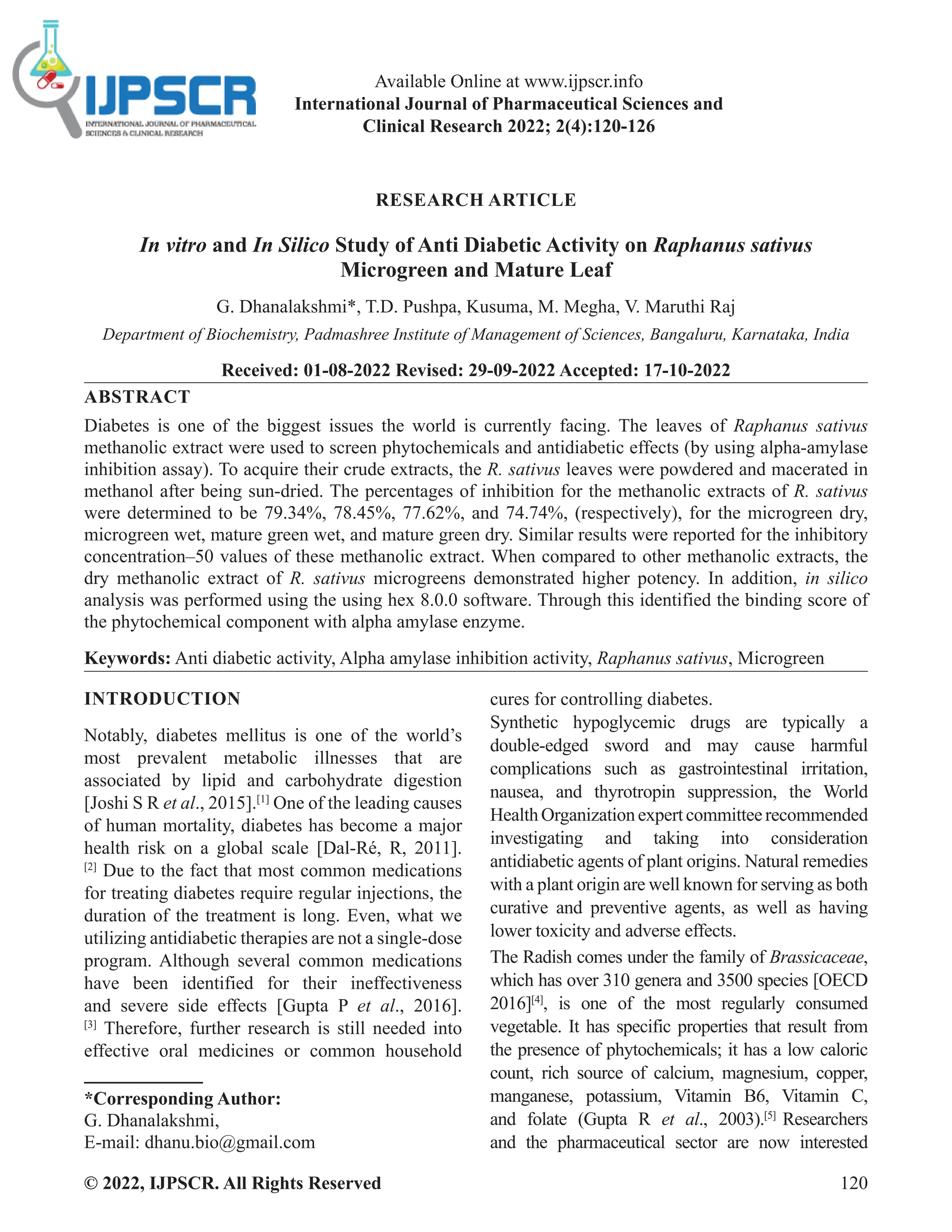 In vitro and In Silico Study of Anti Diabetic Activity on Raphanus ...