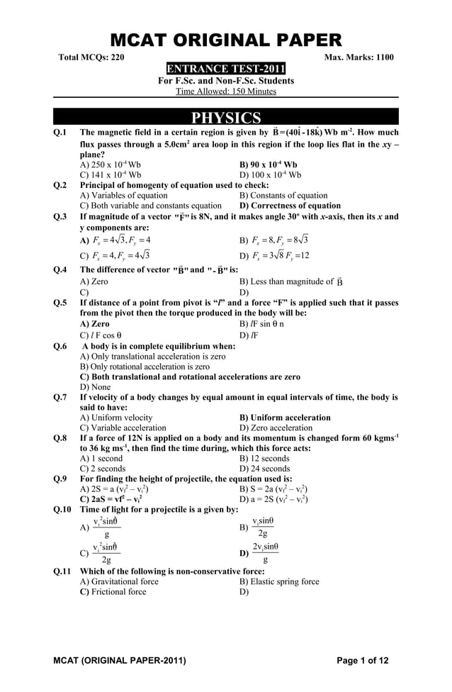 MCAT (original paper 2011) | DOC | Chemistry | Science