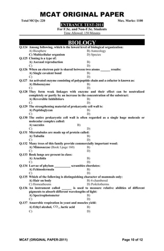 MCAT (original paper 2011) | DOC | Chemistry | Science