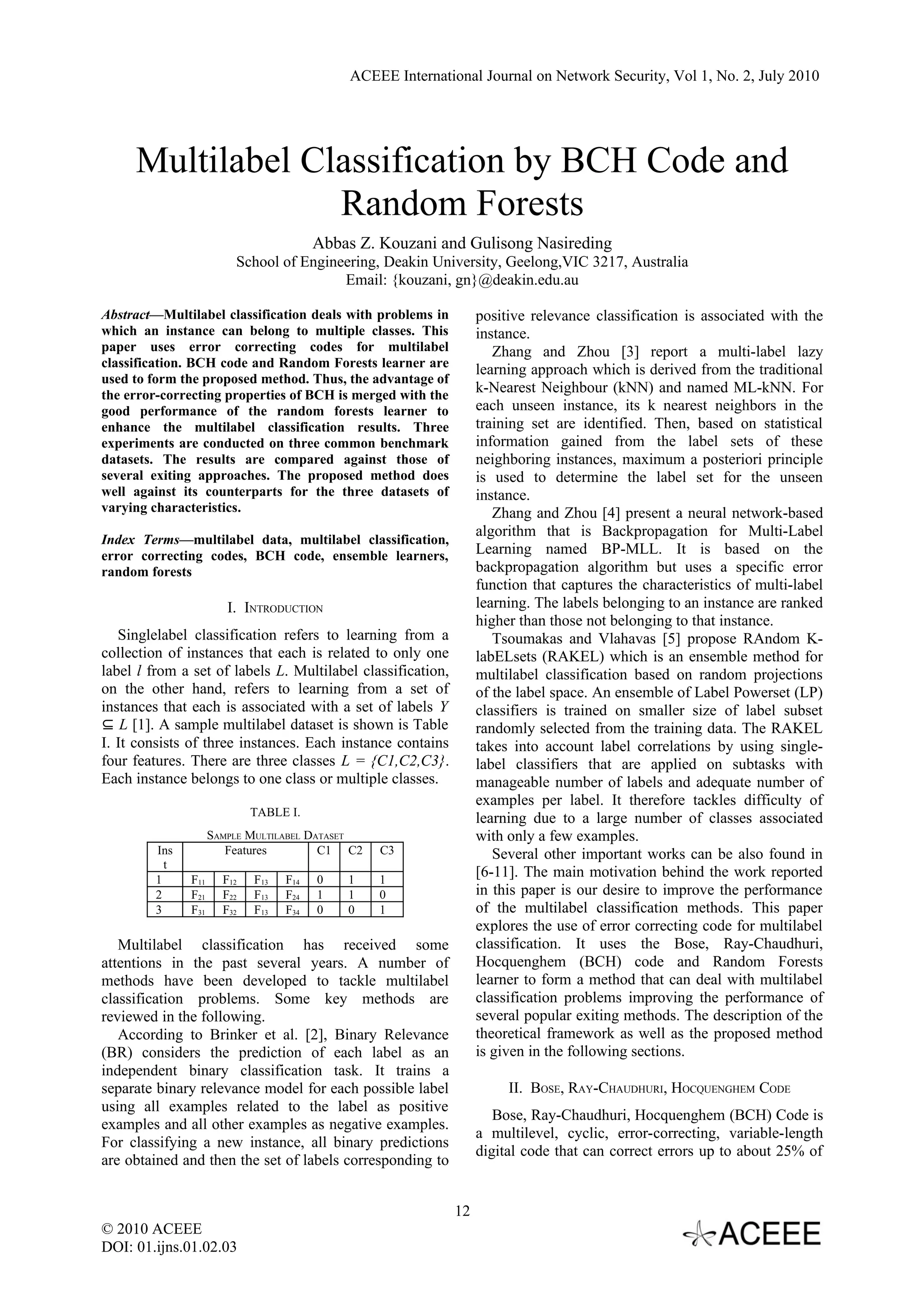 Multilabel Classification by BCH Code and Random Forests | PDF