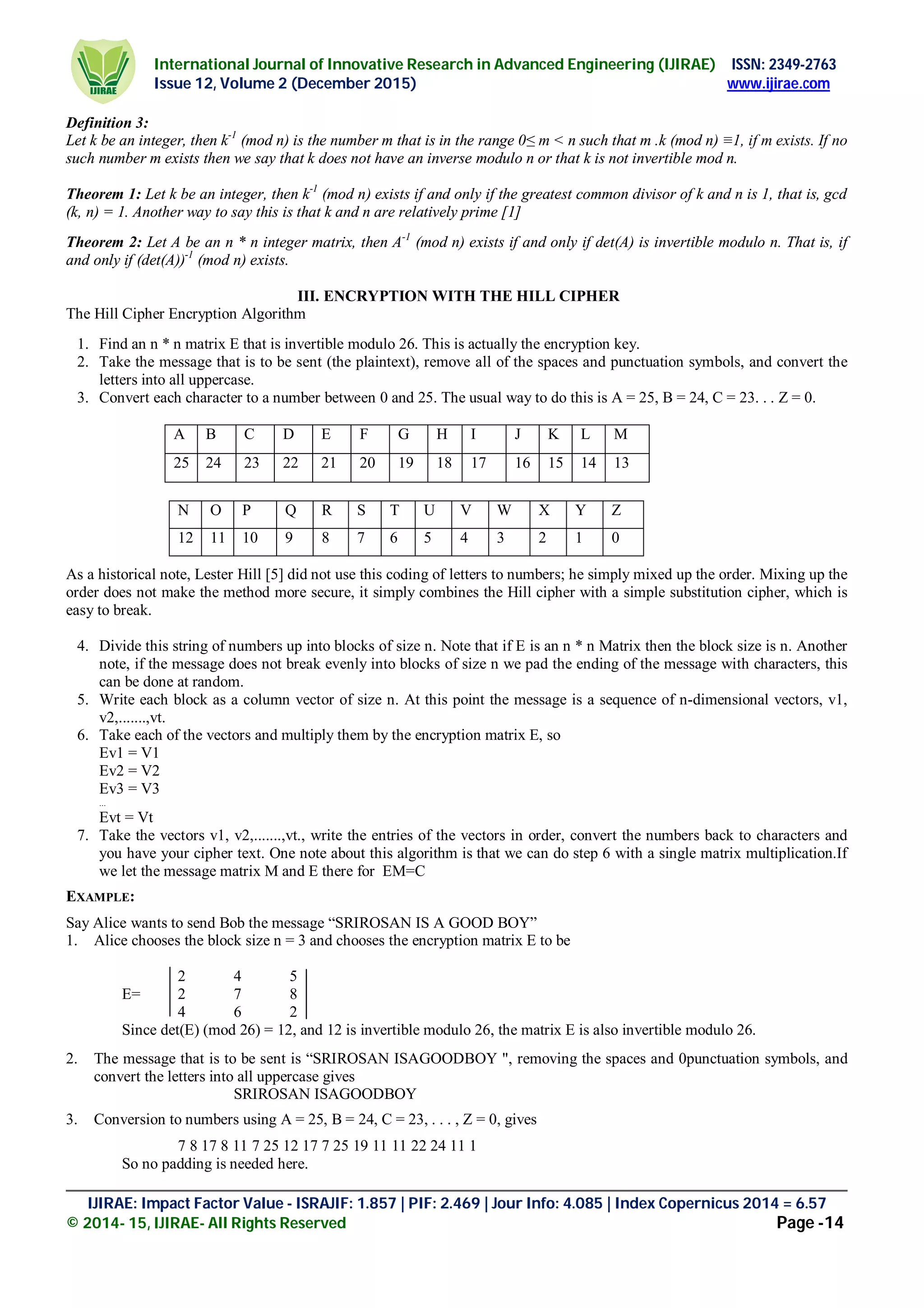 ENCRYPTION USING LESTER HILL CIPHER ALGORITHM | PDF ENCRYPTION USING LESTER HILL CIPHER ALGORITHM | PDF