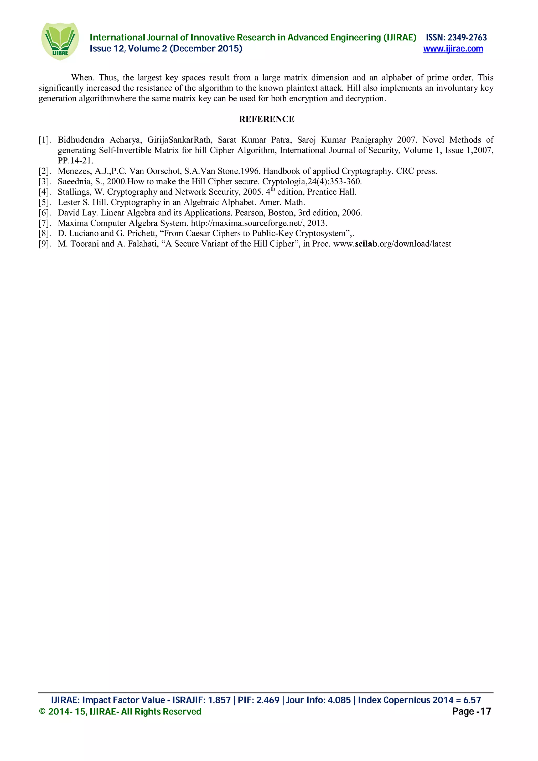 ENCRYPTION USING LESTER HILL CIPHER ALGORITHM | PDF ENCRYPTION USING LESTER HILL CIPHER ALGORITHM | PDF
