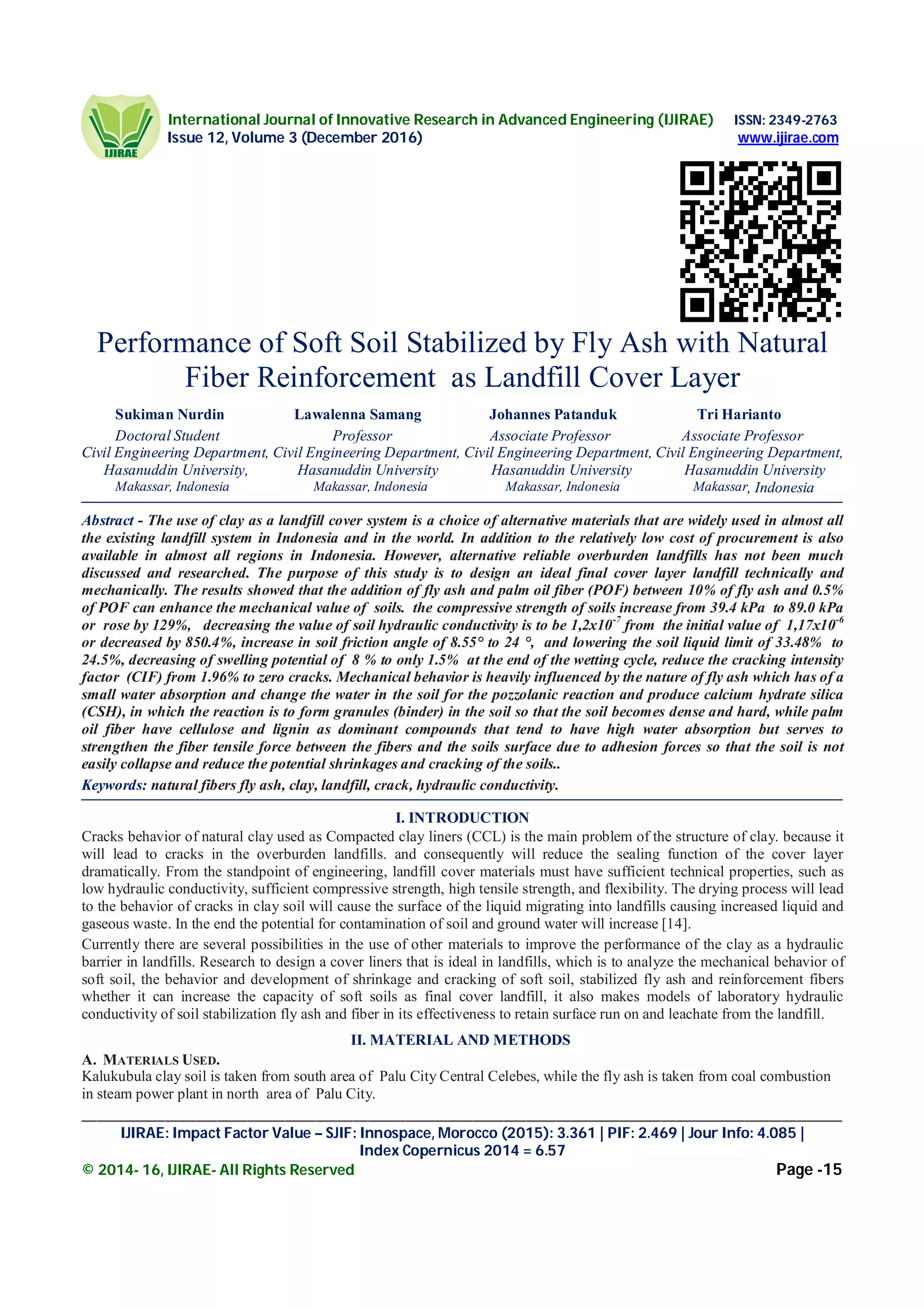 Performance of Soft Soil Stabilized by Fly Ash with Natural Fiber Reinforcement as Landfill ...