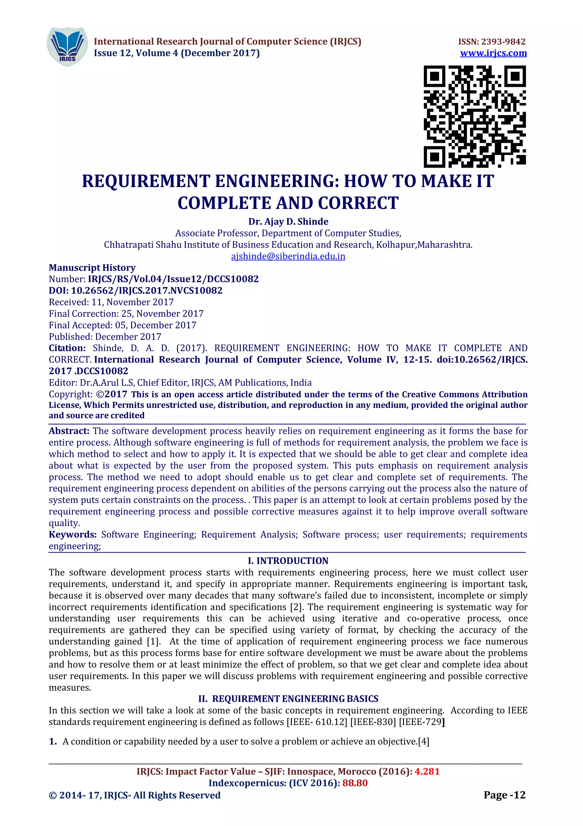 REQUIREMENT ENGINEERING: HOW TO MAKE IT COMPLETE AND CORRECT | PDF