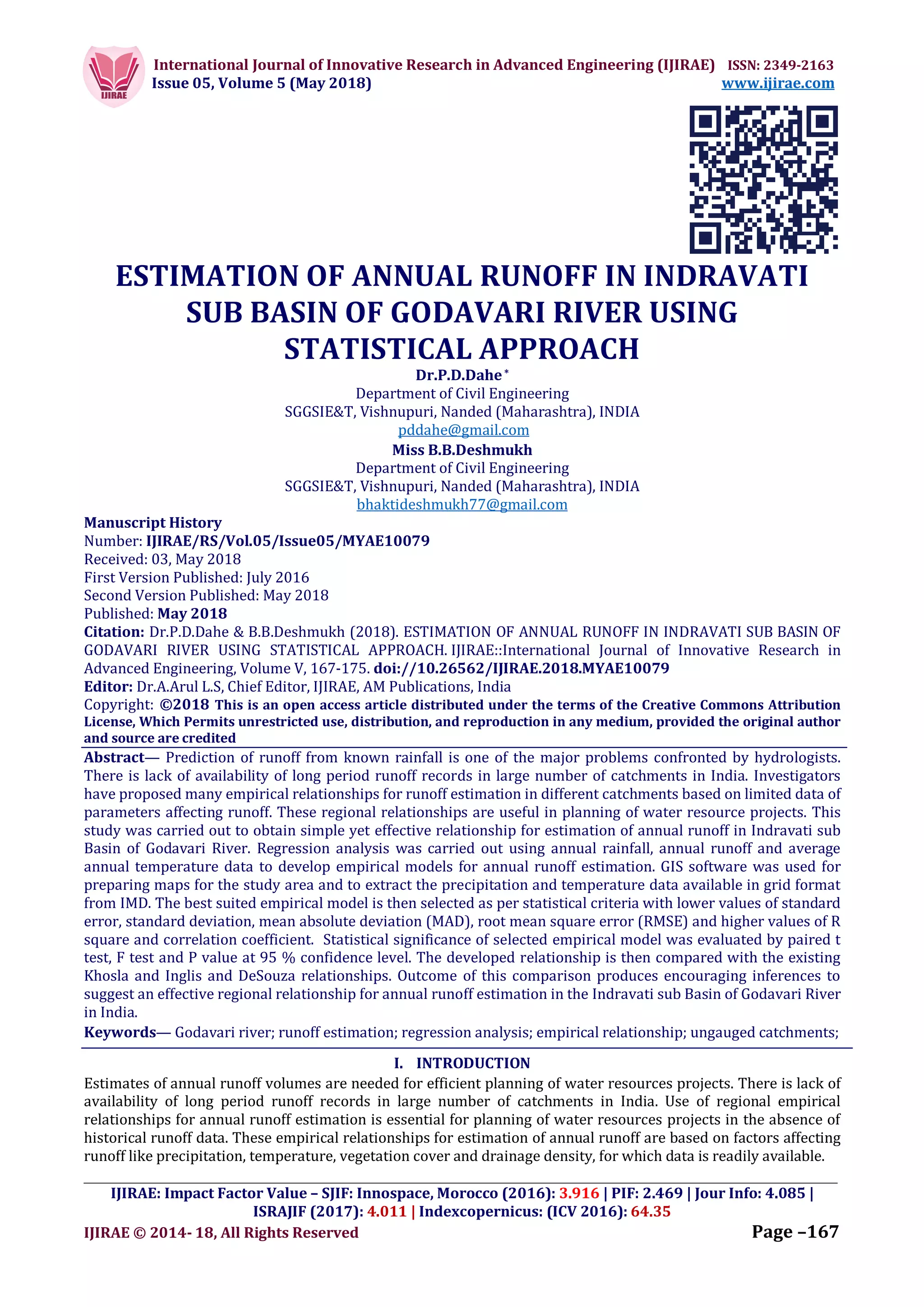 ESTIMATION OF ANNUAL RUNOFF IN INDRAVATI SUB BASIN OF GODAVARI RIVER ...