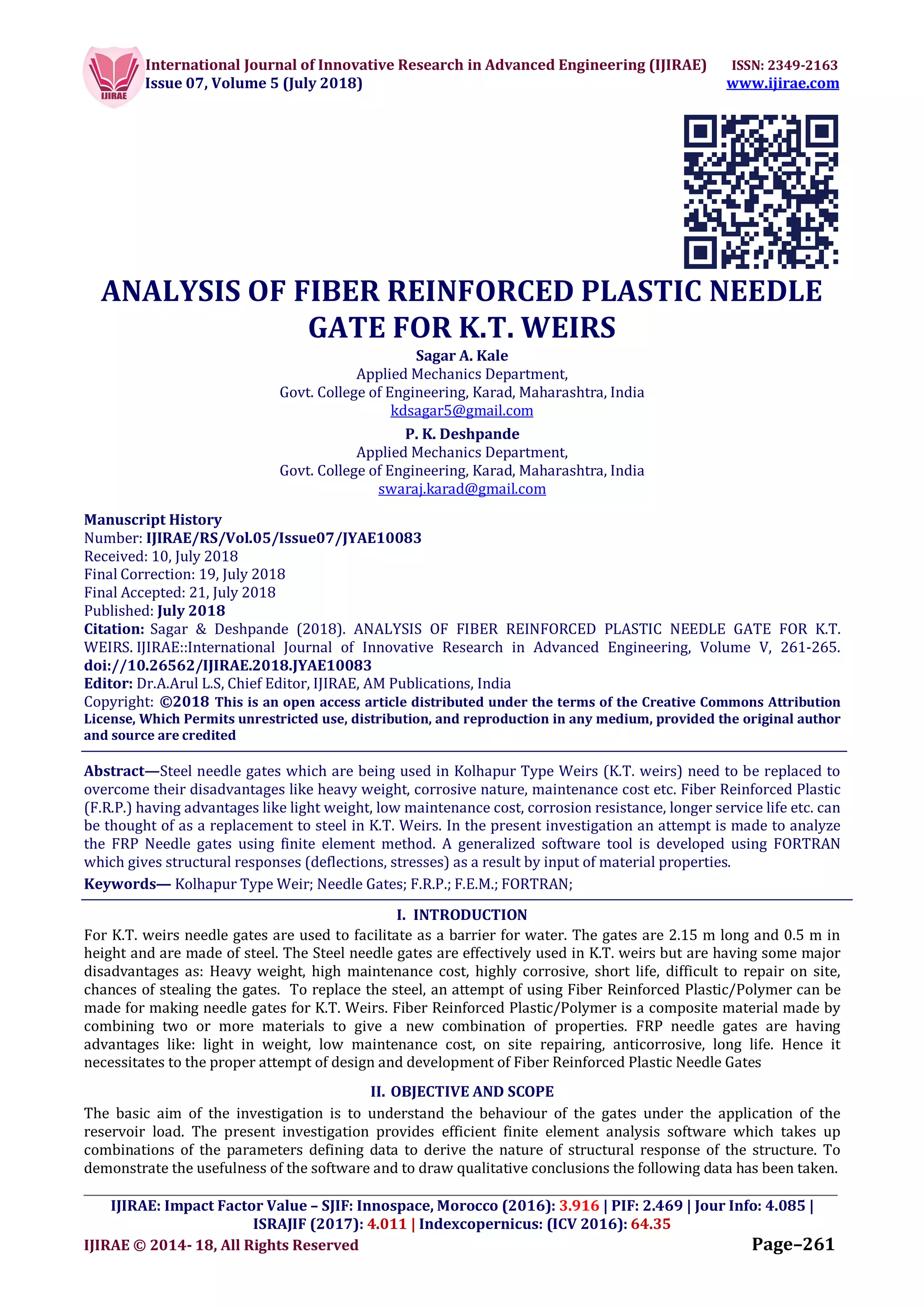 ANALYSIS OF FIBER REINFORCED PLASTIC NEEDLE GATE FOR K.T. WEIRS | PDF ...