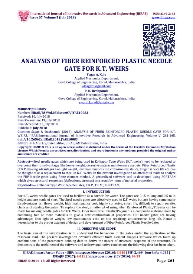 ANALYSIS OF FIBER REINFORCED PLASTIC NEEDLE GATE FOR K.T. WEIRS | PDF ...