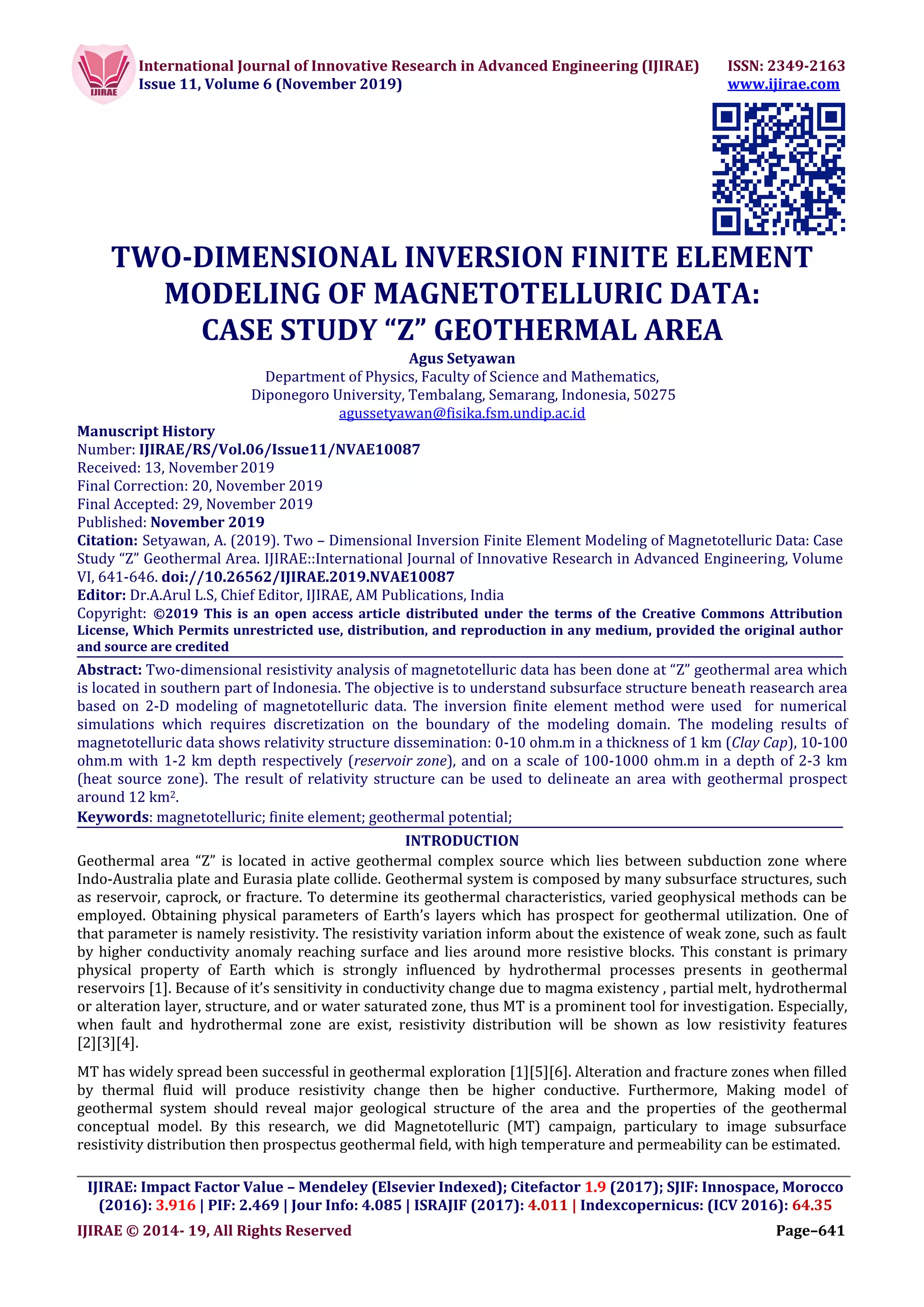 TWO-DIMENSIONAL INVERSION FINITE ELEMENT MODELING OF MAGNETOTELLURIC DATA: CASE STUDY “Z ...