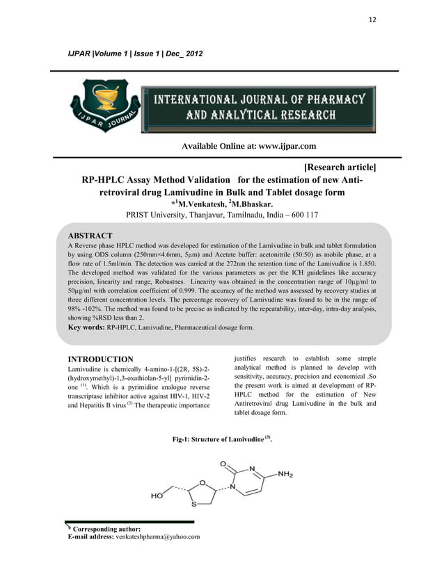 RP-HPLC Assay Method Validation for the estimation of new Anti-retroviral drug Lamivudine in ...