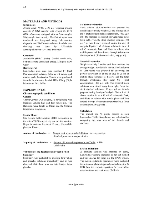 RP-HPLC Assay Method Validation for the estimation of new Anti-retroviral drug Lamivudine in ...