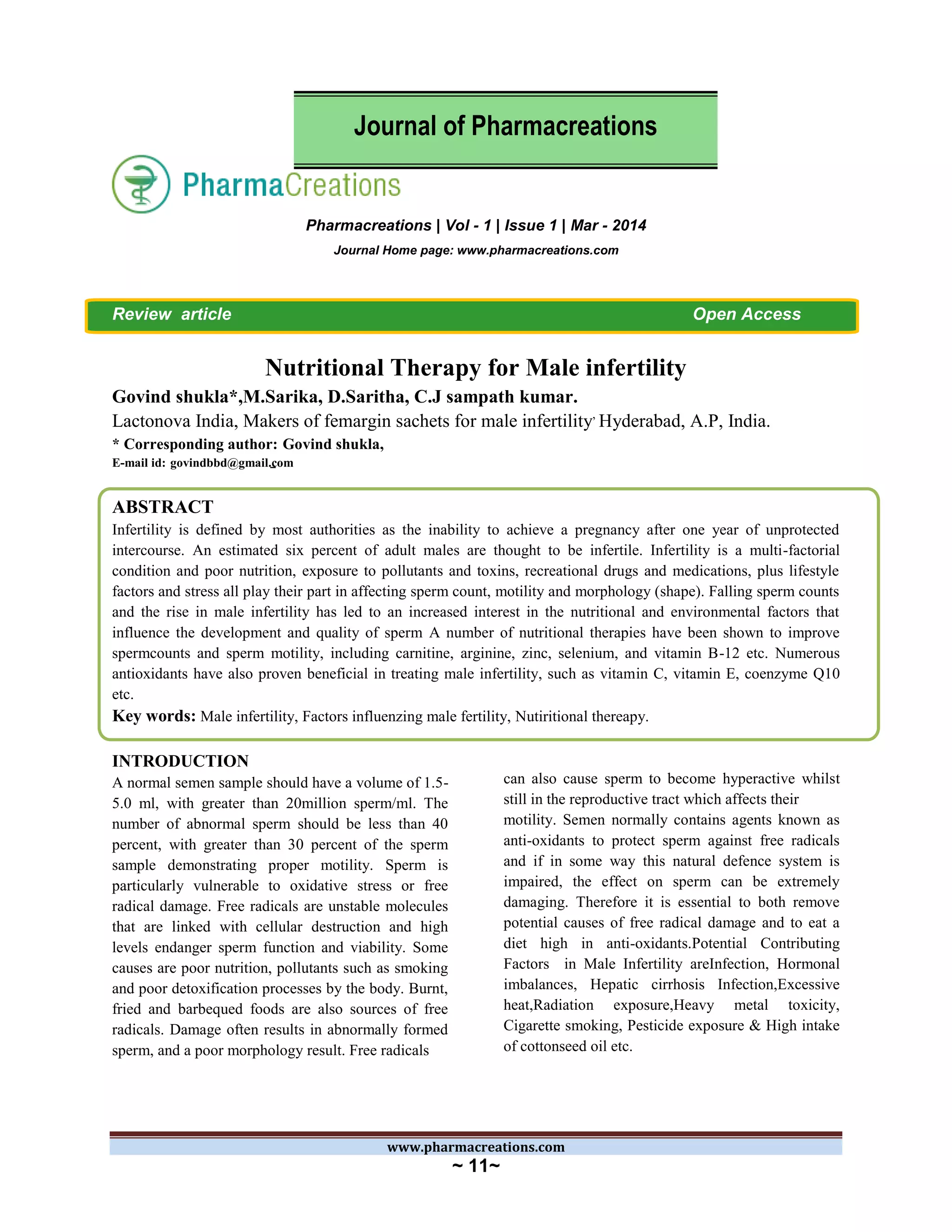 Nutritional Therapy for Male infertility | PDF