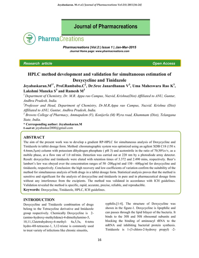 Hplc Method Development And Validation For Simultaneous Estimation Of Doxycycline And Tinidazole