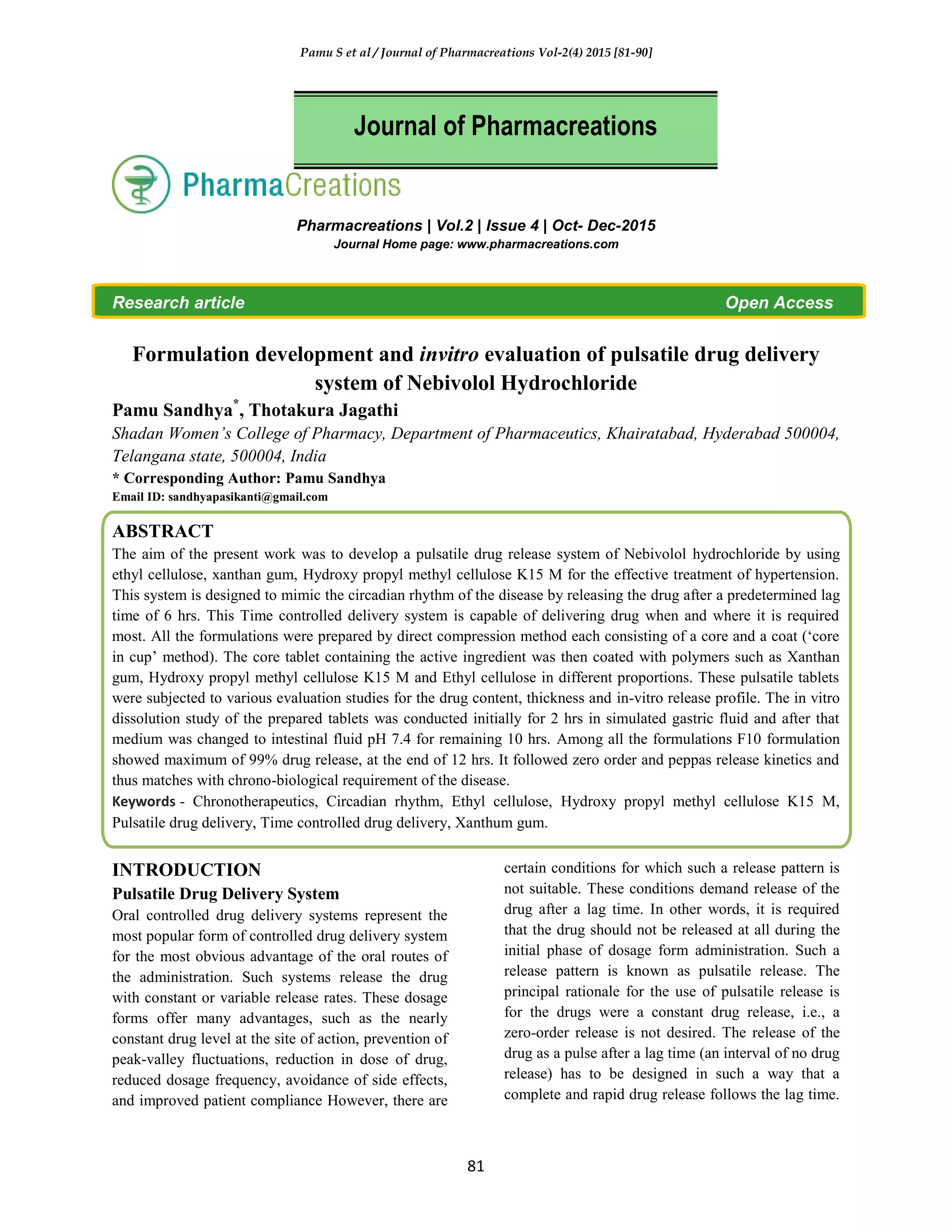 Formulation Development And Invitro Evaluation Of Pulsatile Drug Delivery System Of Nebivolol