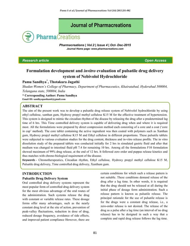 Formulation Development And Invitro Evaluation Of Pulsatile Drug Delivery System Of Nebivolol