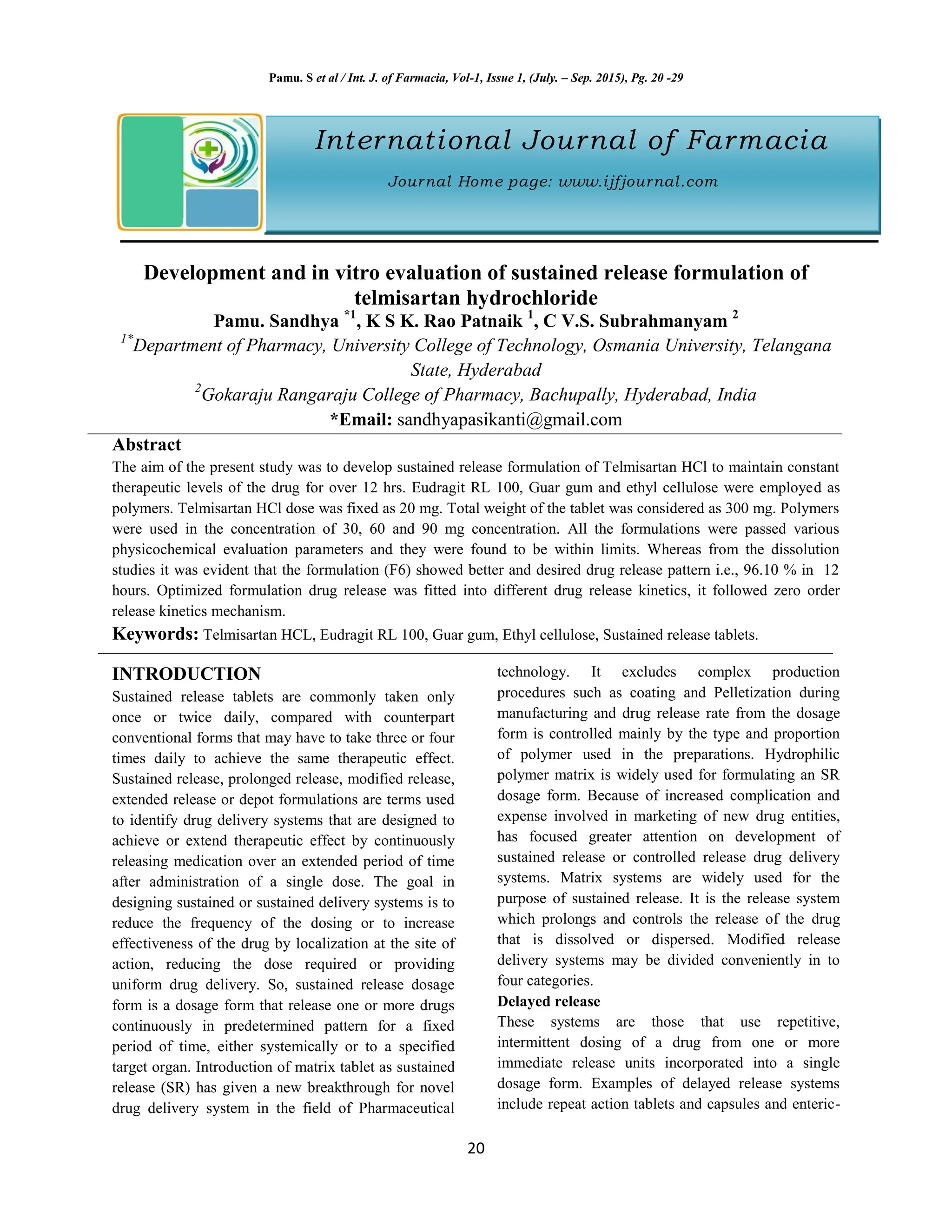 Development and in vitro evaluation of sustained release formulation of ...