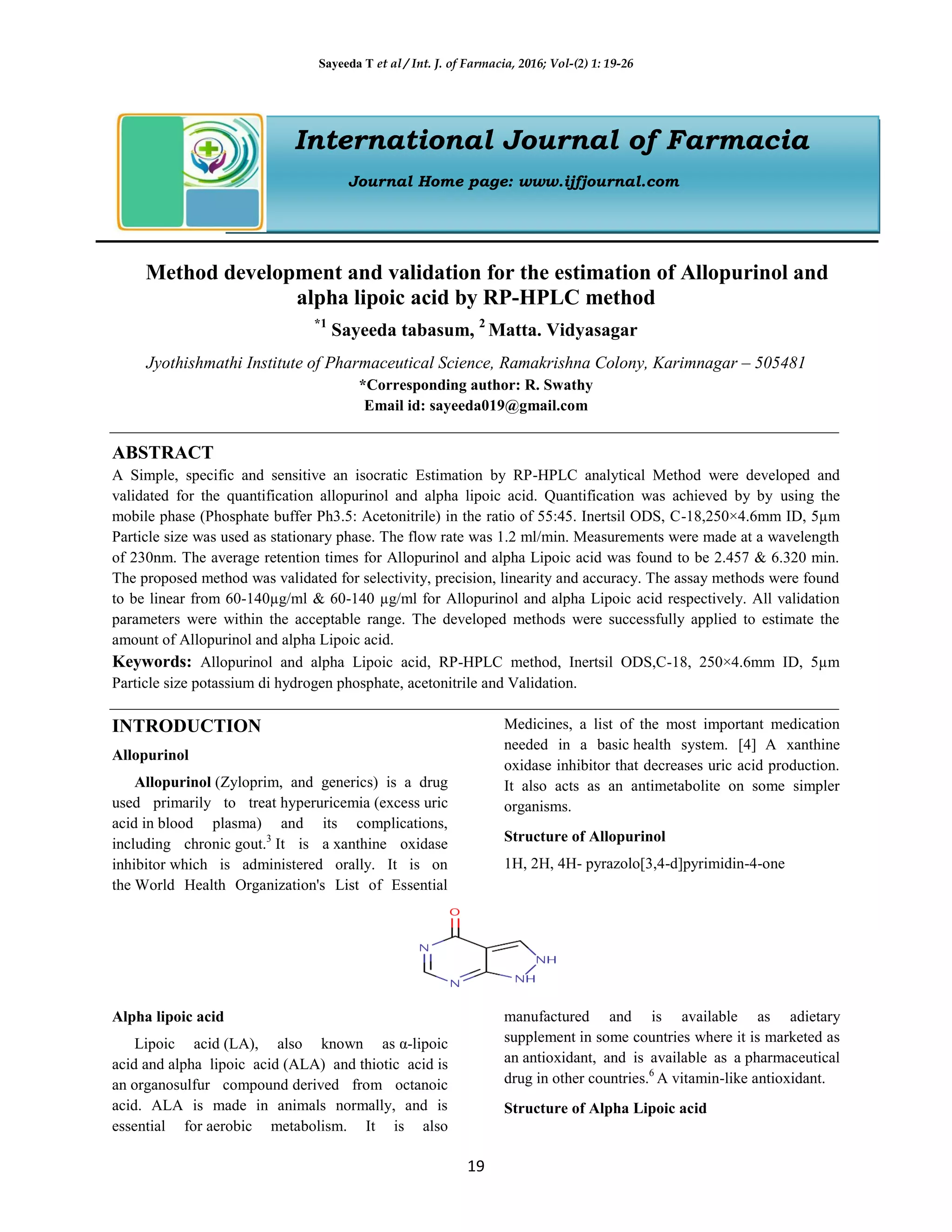 Method development and validation for the estimation of Allopurinol and ...