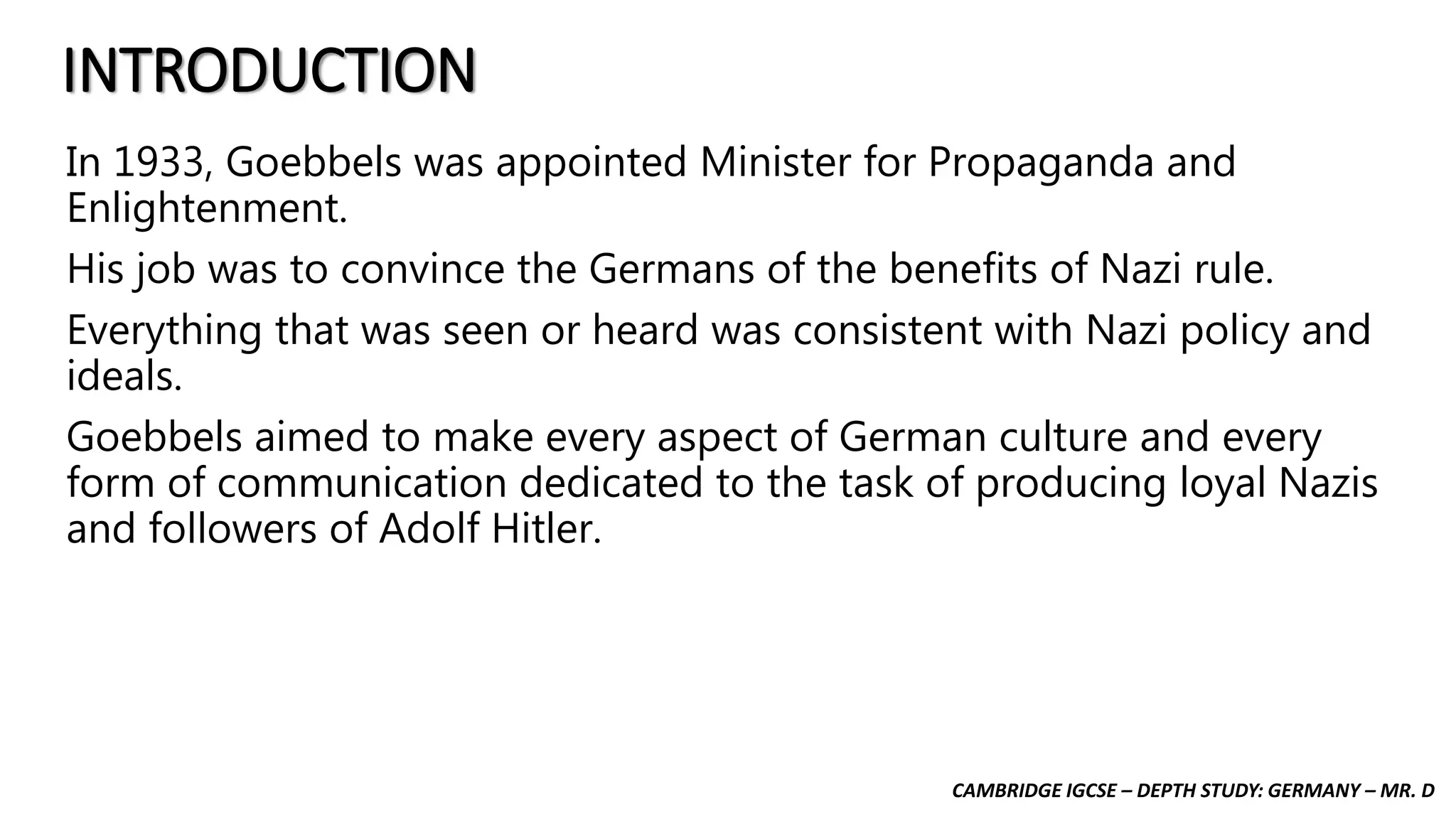 HISTORY IGCSE CONTENT - 20TH CENTURY OPTION - DEPTH STUDY GERMANY: THE ...