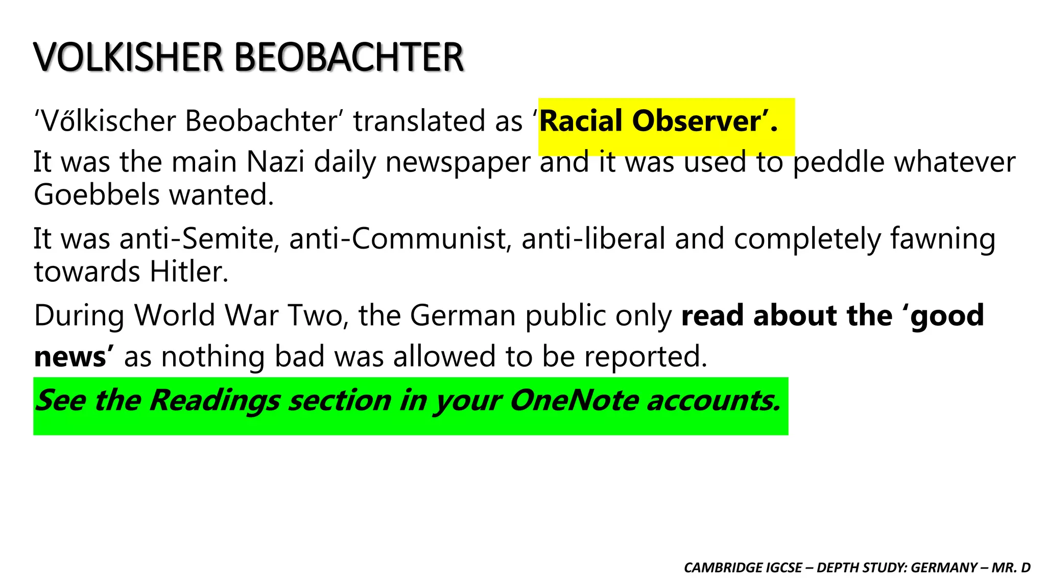 HISTORY IGCSE CONTENT - 20TH CENTURY OPTION - DEPTH STUDY GERMANY: THE ...