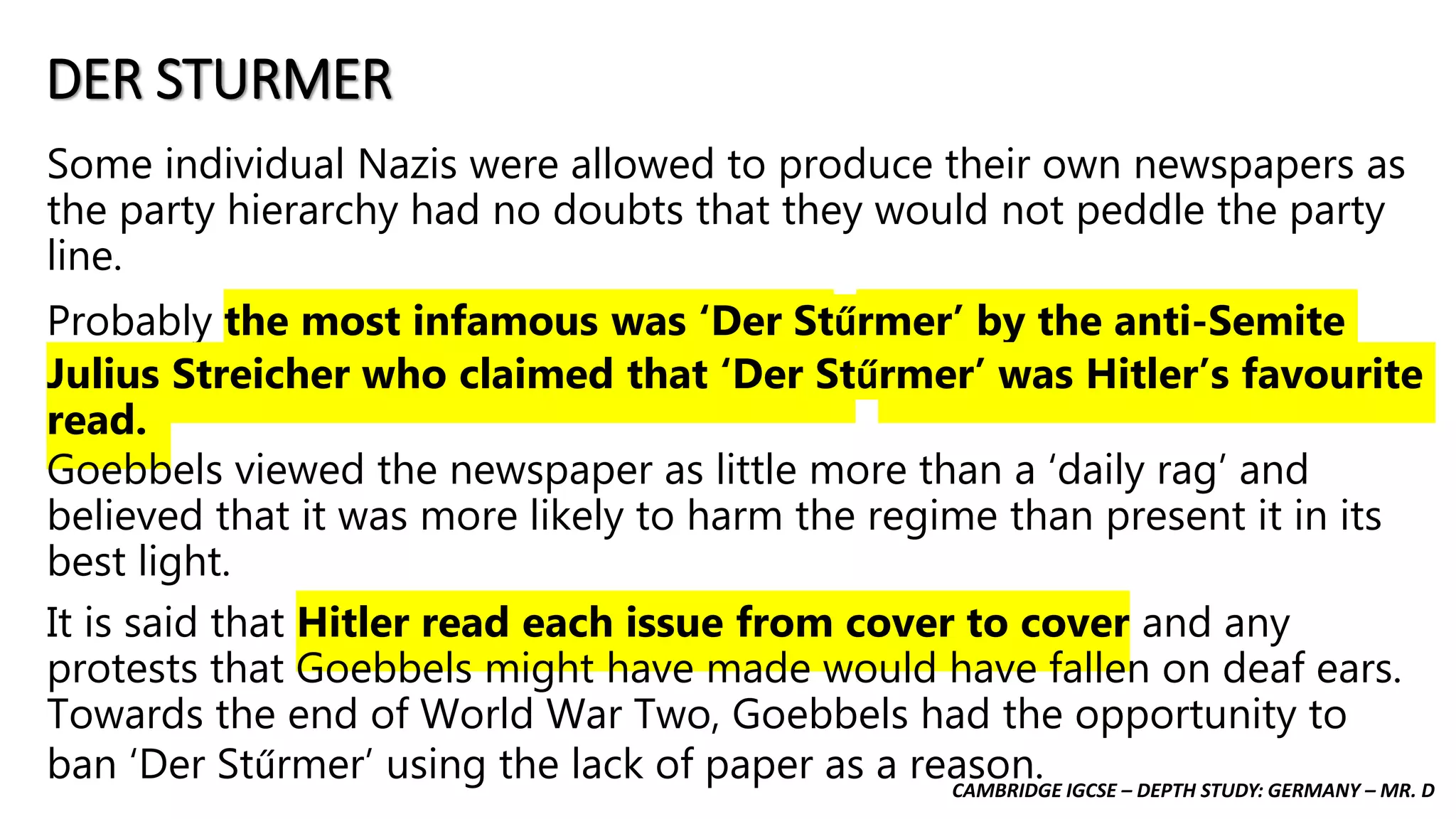 HISTORY IGCSE CONTENT - 20TH CENTURY OPTION - DEPTH STUDY GERMANY: THE ...