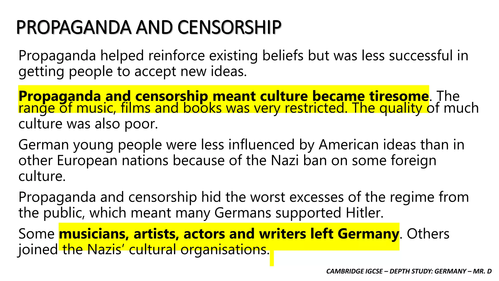 HISTORY IGCSE CONTENT - 20TH CENTURY OPTION - DEPTH STUDY GERMANY: THE ...