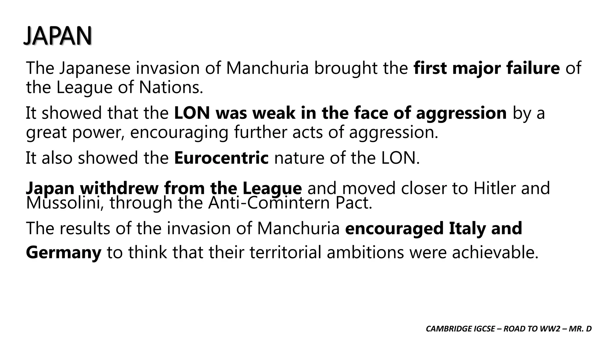 HISTORY IGCSE CONTENT - 20TH CENTURY OPTION - THE ROAD TO WW2 ...