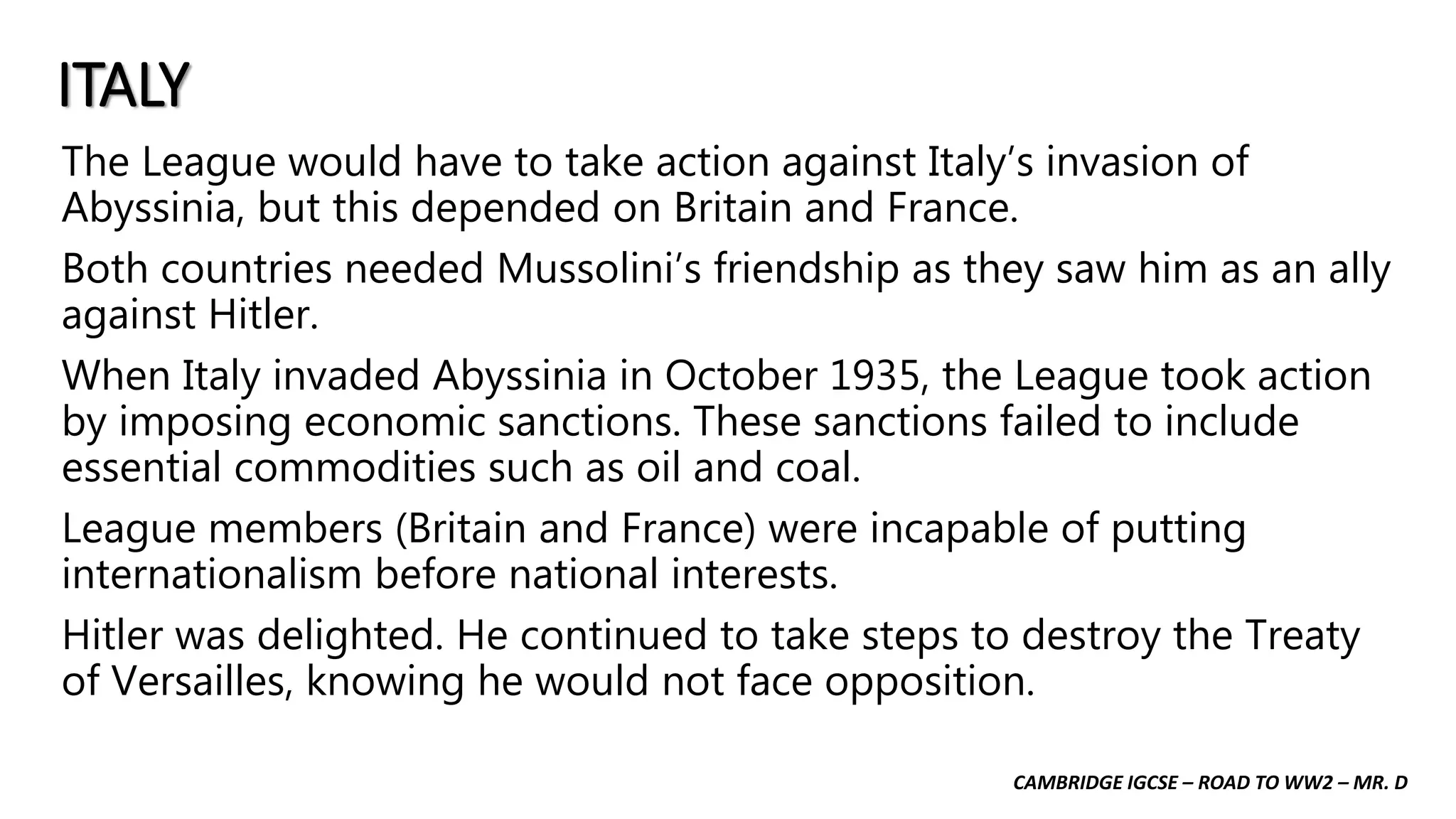 HISTORY IGCSE CONTENT - 20TH CENTURY OPTION - THE ROAD TO WW2 ...