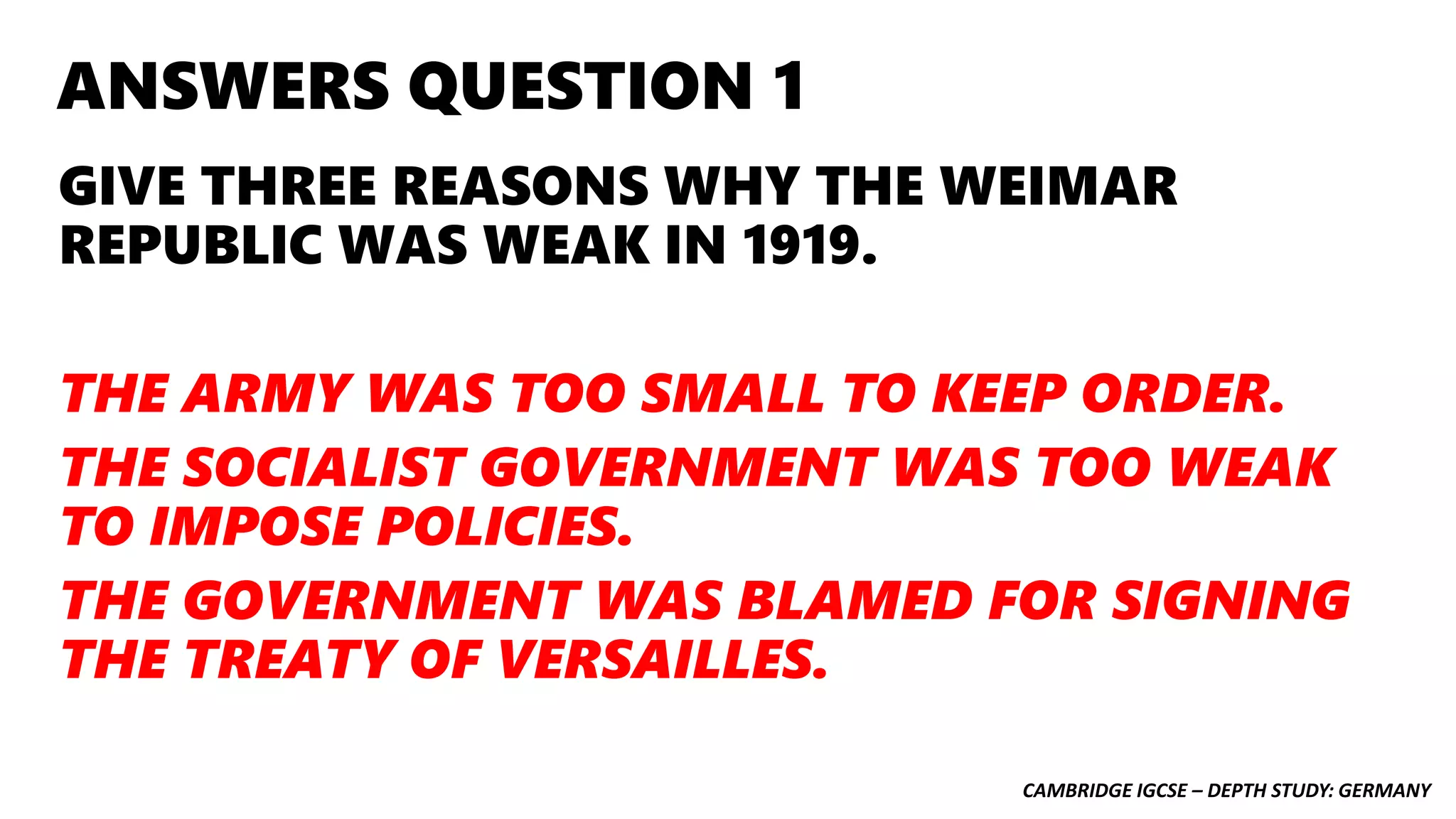 DEPTH STUDY GERMANY: TO WHAT EXTENT DID THE WEIMAR REPUBLIC RECOVER ...