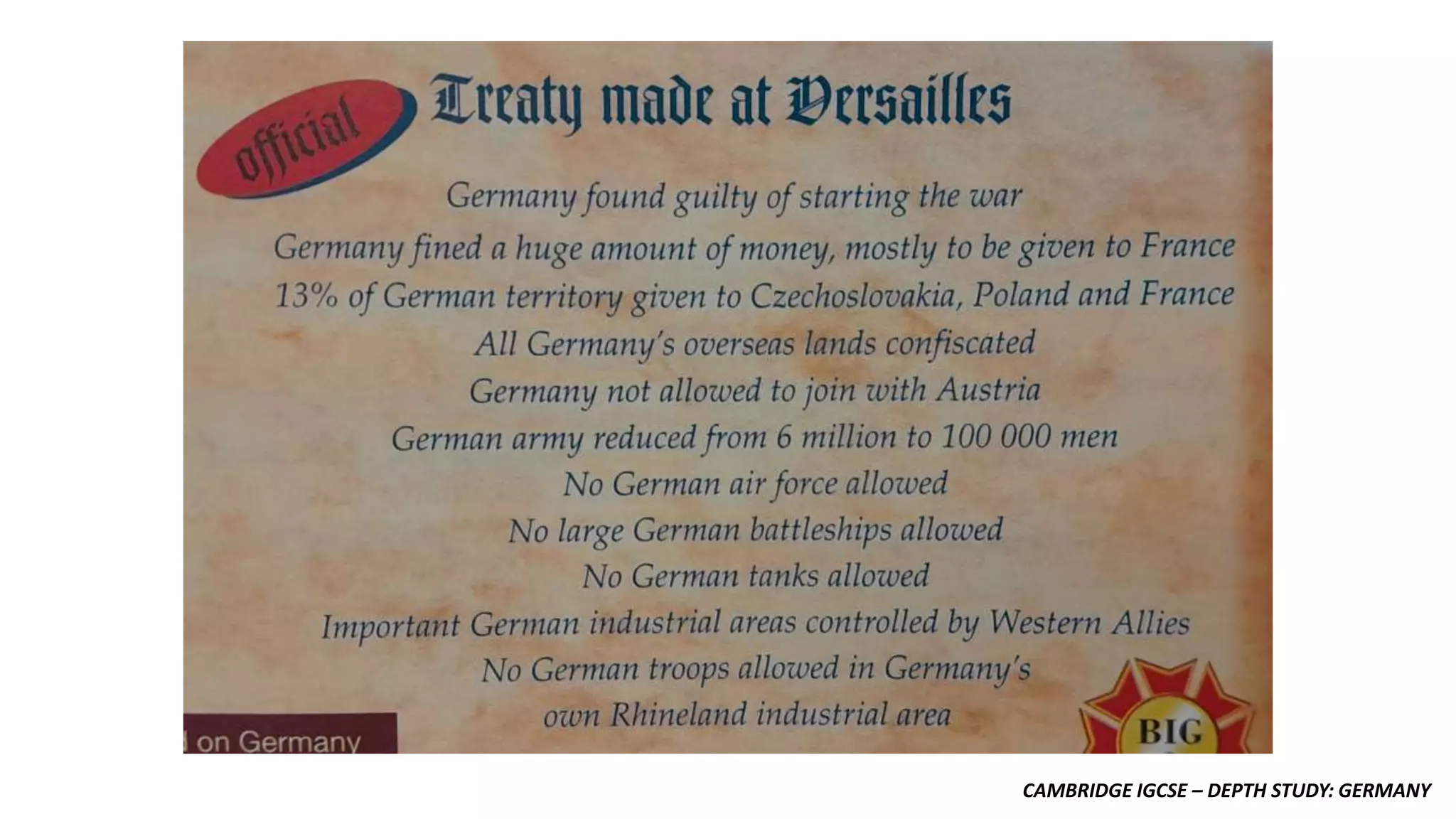 DEPTH STUDY GERMANY: WEIMAR REPUBLIC - 03. THE TREATY OF VERSAILLES ...