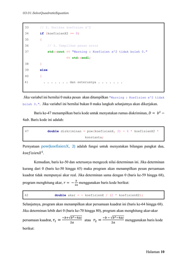 03.01.Menentukan Penyelesaian Persamaan Kuadrat Menggunakan Bahasa Pemrogaman C++ | PDF
