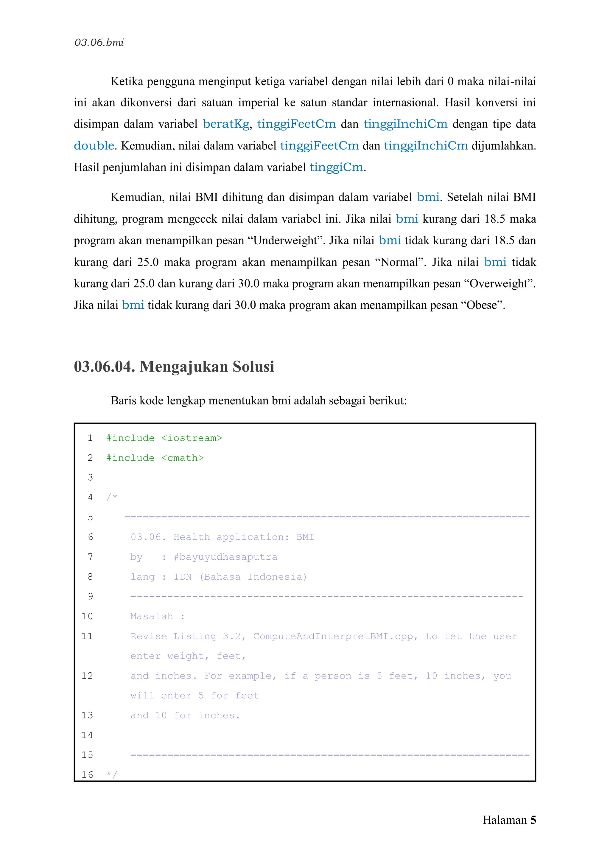 03.06. Menentukan Body Mass Index Menggunakan Bahasa Pemrograman C++ | PDF