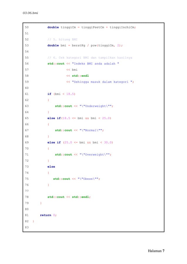 03.06. Menentukan Body Mass Index Menggunakan Bahasa Pemrograman C++ | PDF