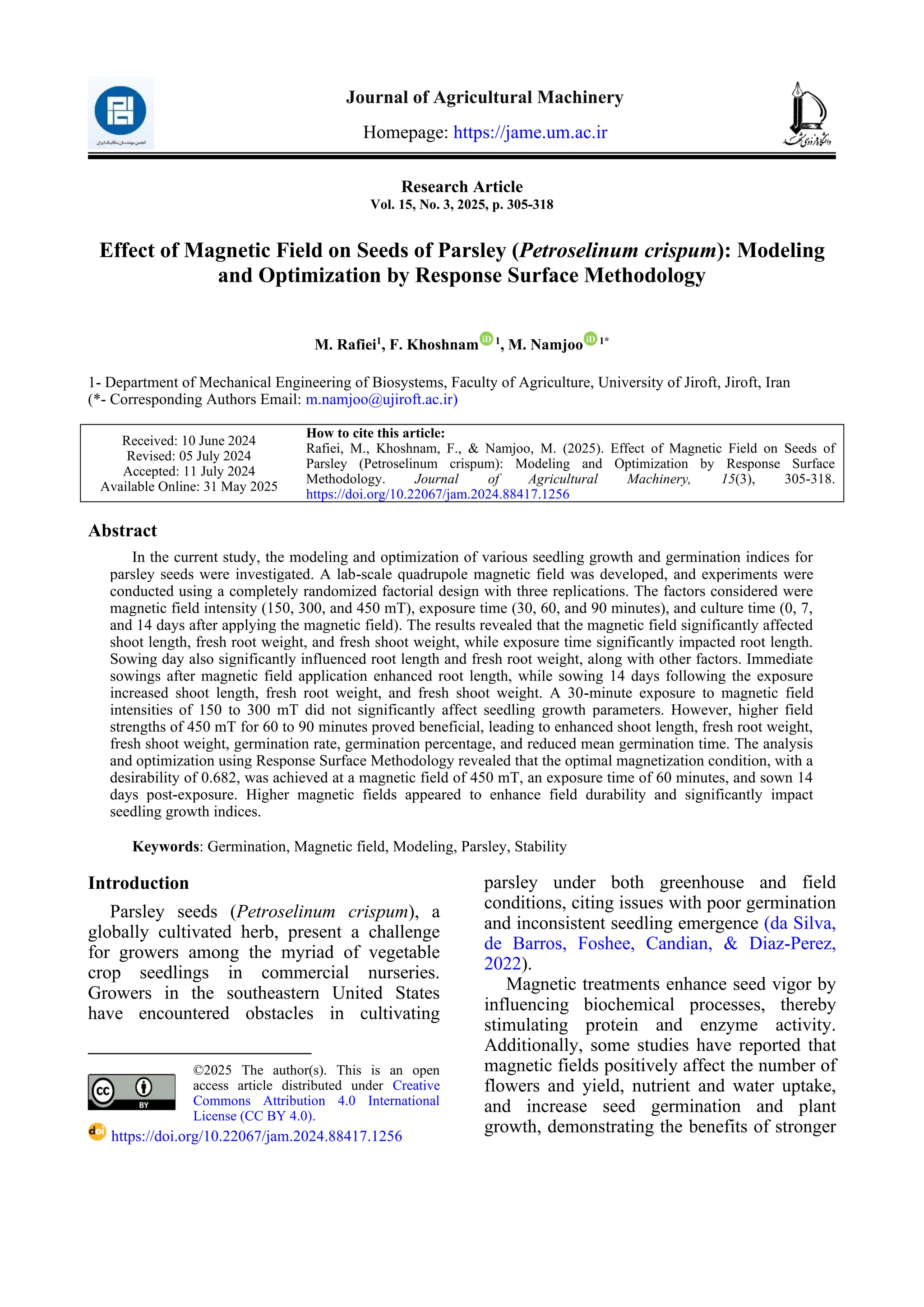Effect of Magnetic Field on Seeds of Parsley (Petroselinum crispum ...